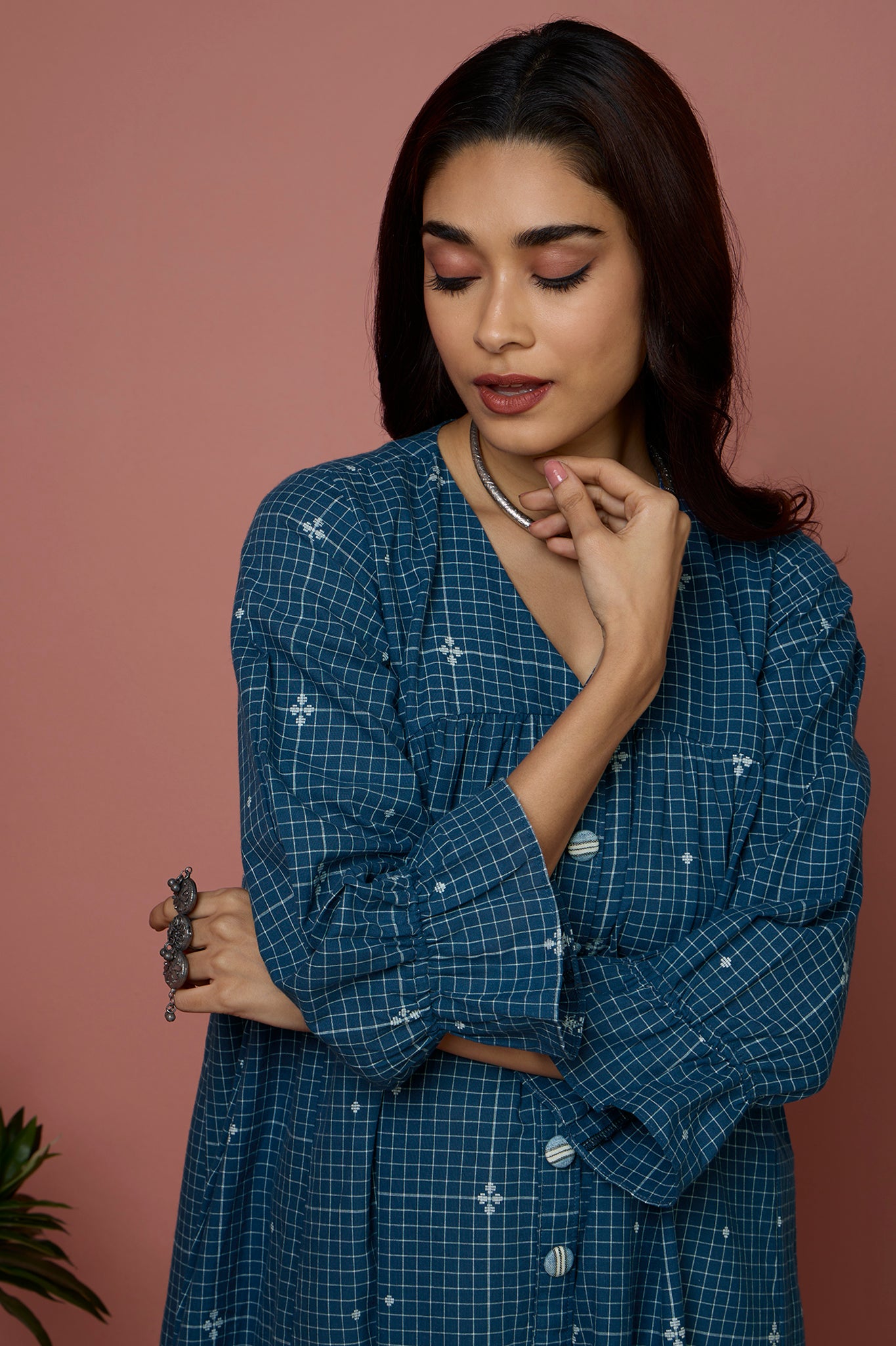 v-neck gather dress - Sapphire Skyline & Miniature Grid - maati crafts