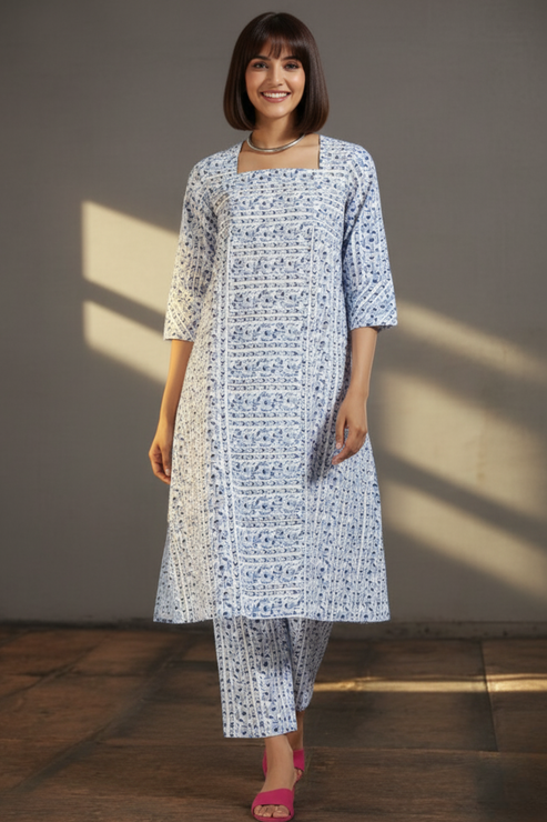 square neck paneled kurta - whispering skyline & azure bloom - maati crafts
