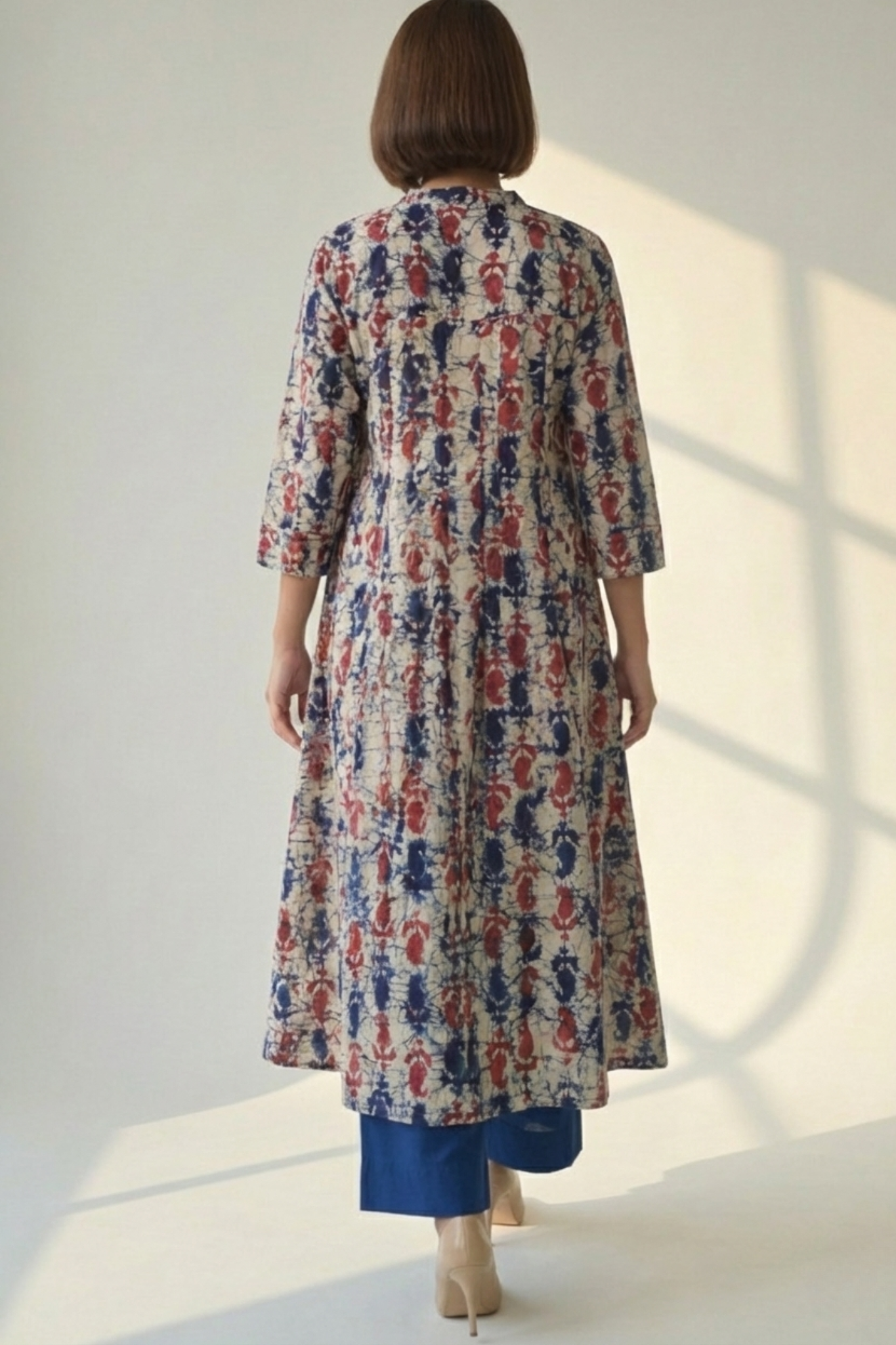 Azure Ruby Batik Stand Collar Pintuck Yoke Anarkali - L - maati crafts