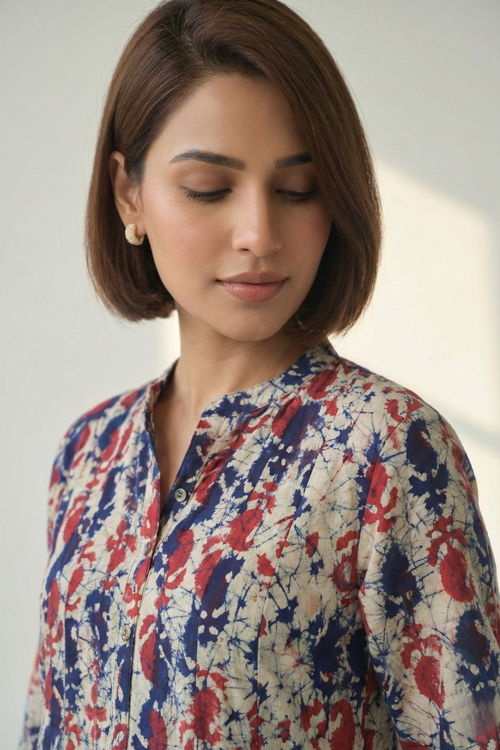 Azure Ruby Batik Stand Collar Pintuck Yoke Anarkali - maati crafts