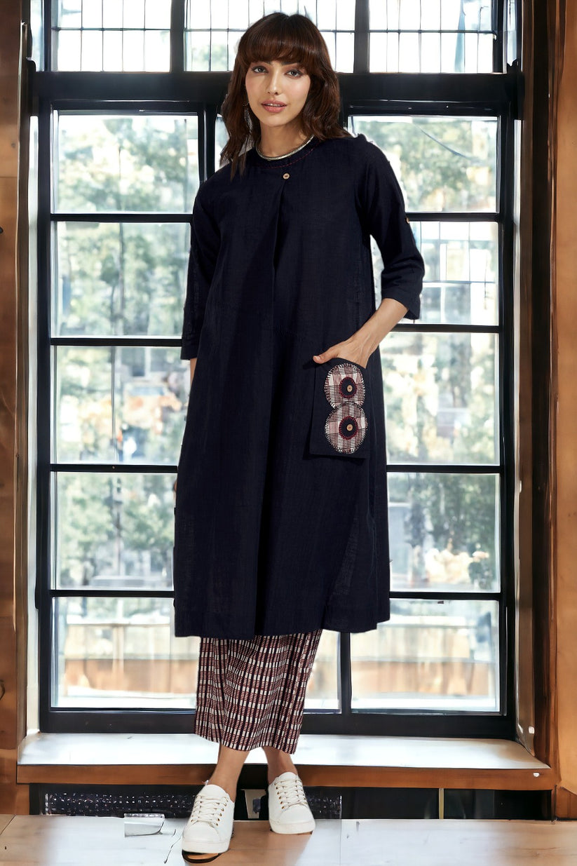 single flap slub texture slit kurta with patch pocket - ebony chic & s ...
