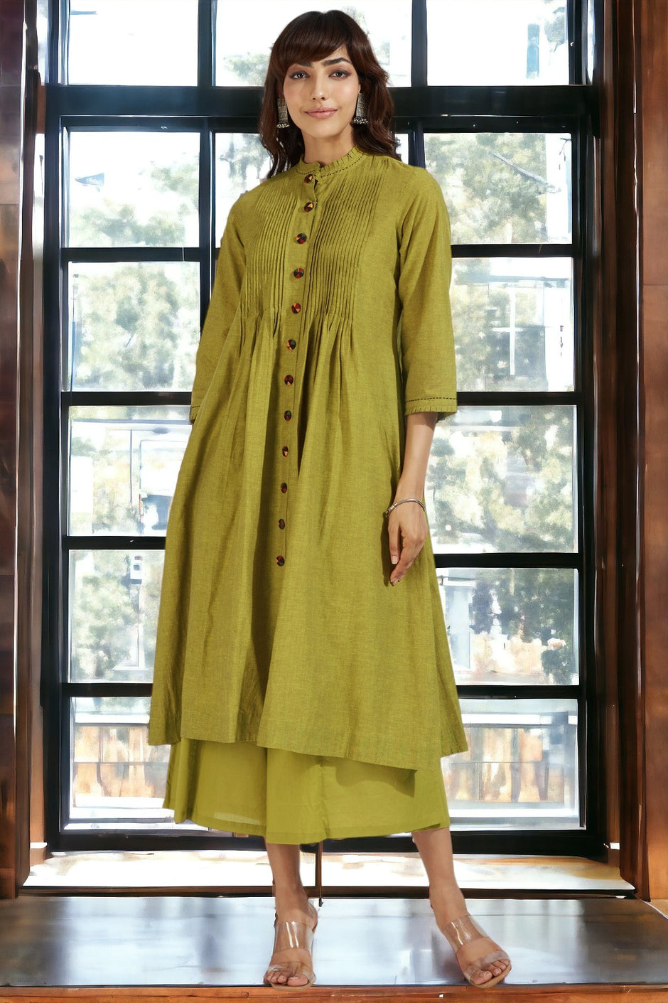 pleated neck pintuck dress - lime zest & chartreuse summer - maati crafts