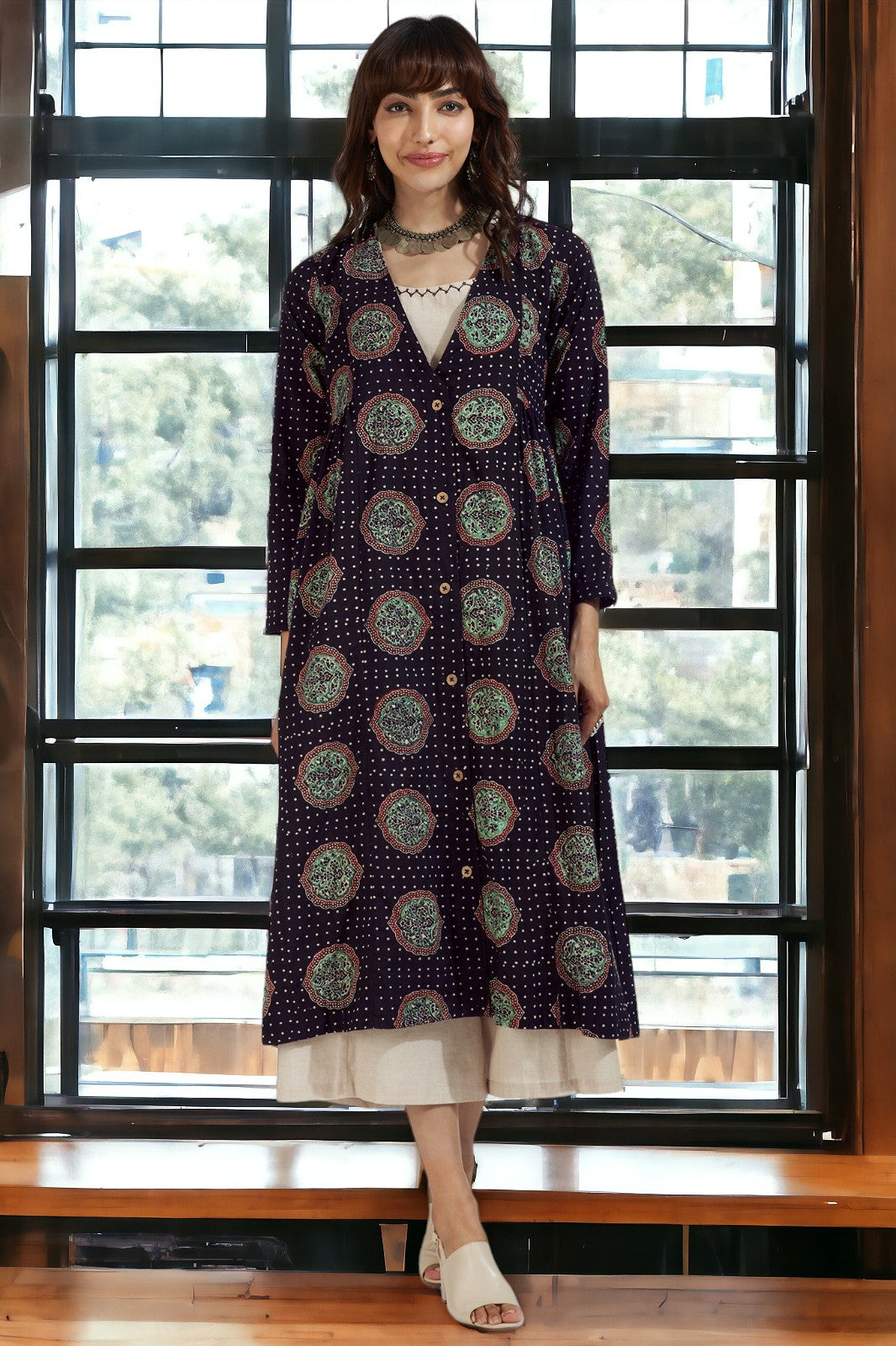 deep v-neck button down jacket with gathers - verdant noir & vintage c - maati crafts