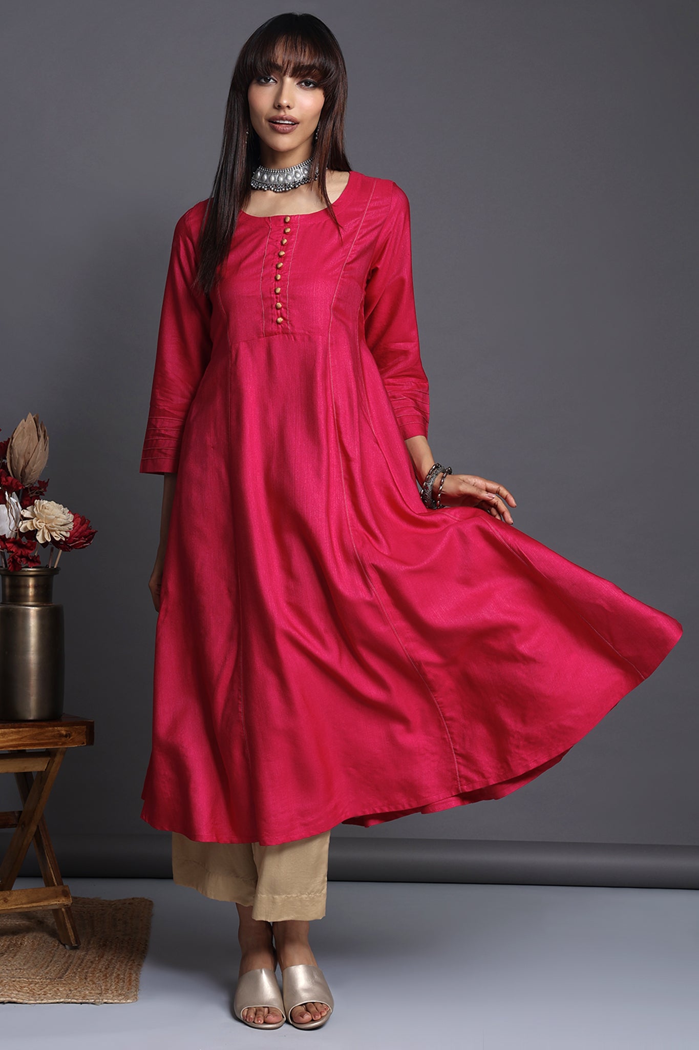 panel anarkali with pockets - exuberant pink & golden hour - maati crafts