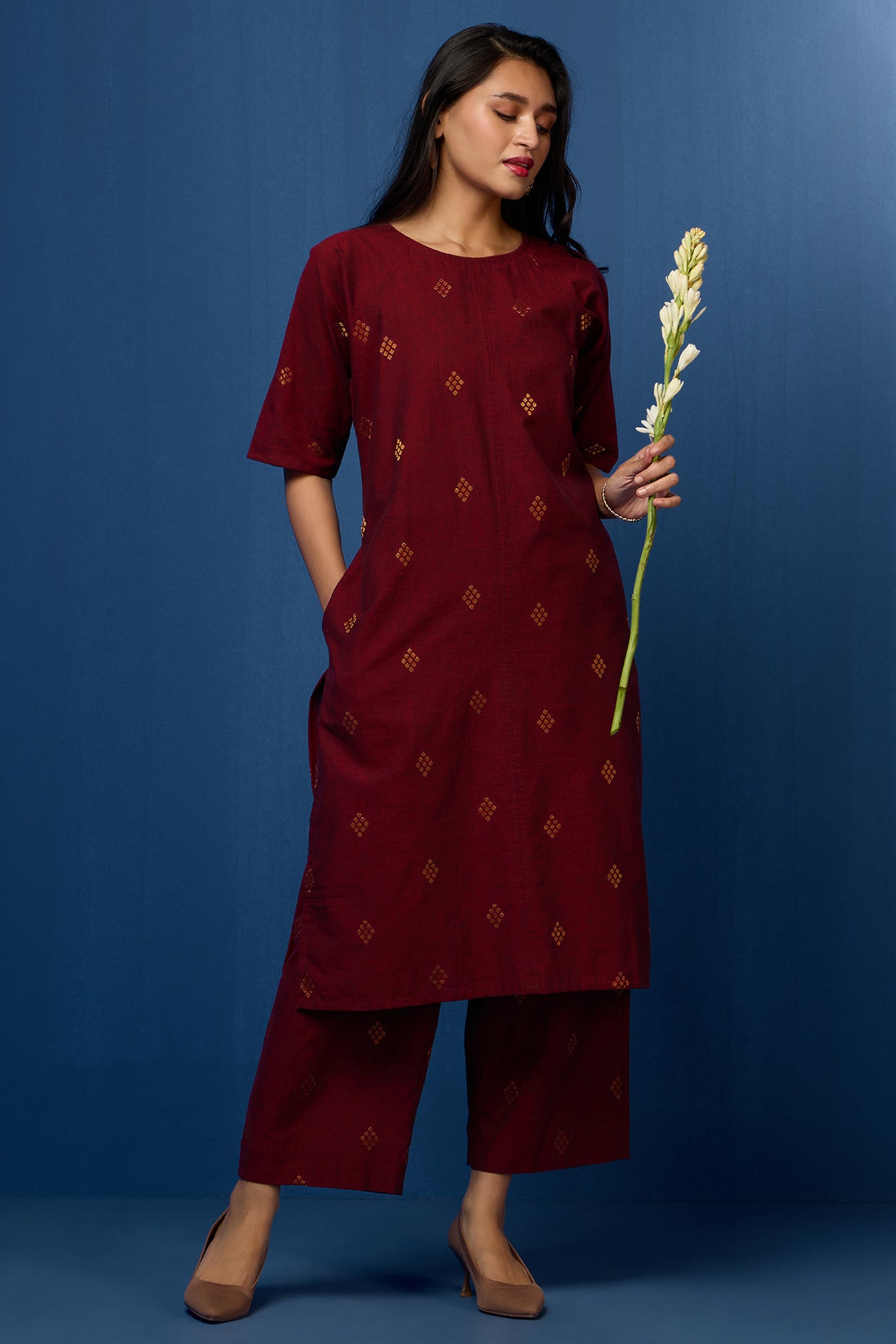raglan sleeve tunic kurta with pockets - royal garnet and gilded opule ...