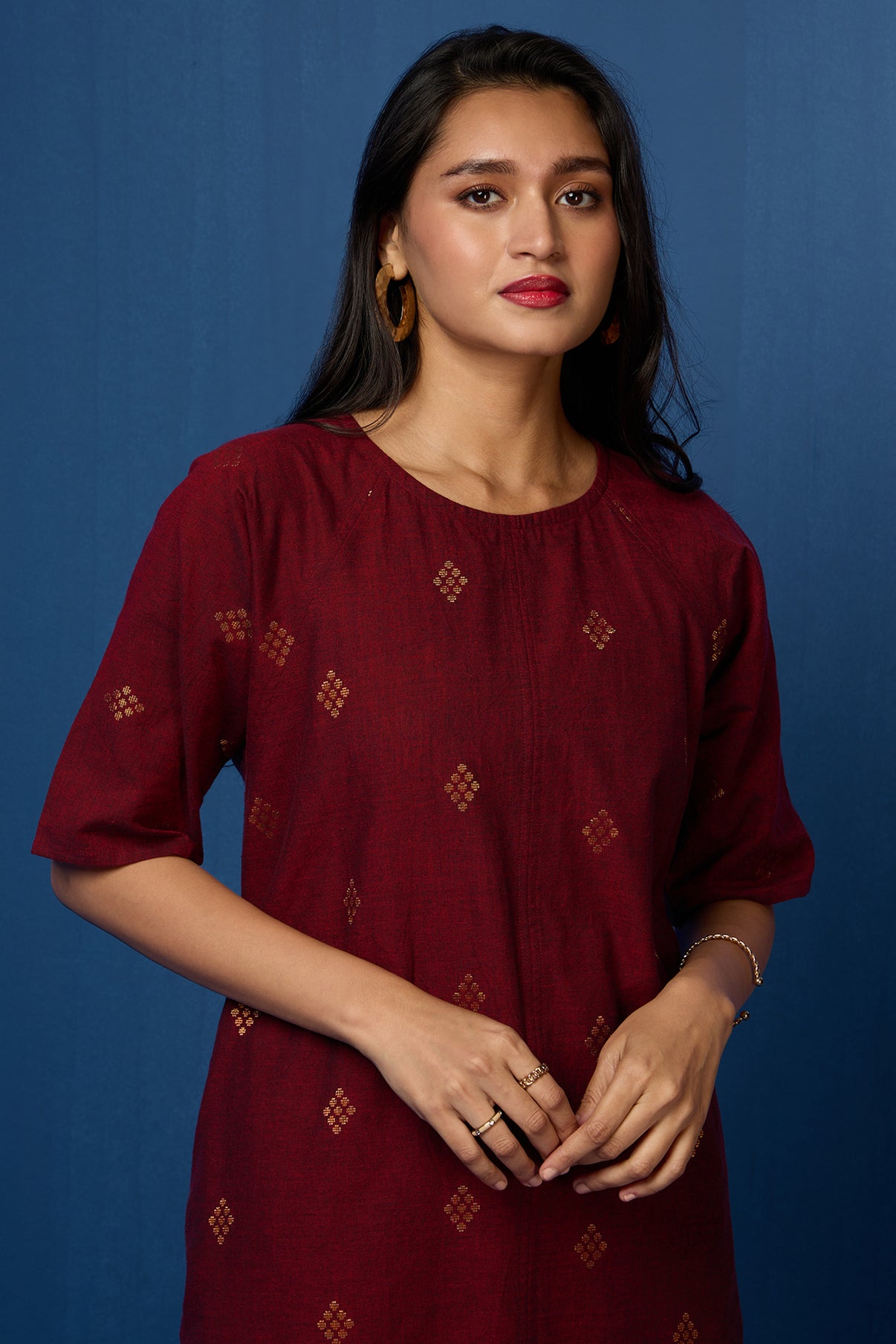 raglan sleeve tunic kurta with pockets - royal garnet and gilded opule ...