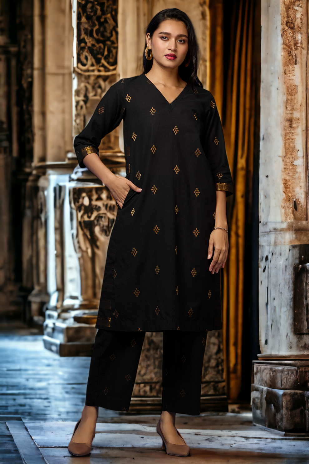 v-neck kurta with side panels and pockets - inky midnight & floral rad ...