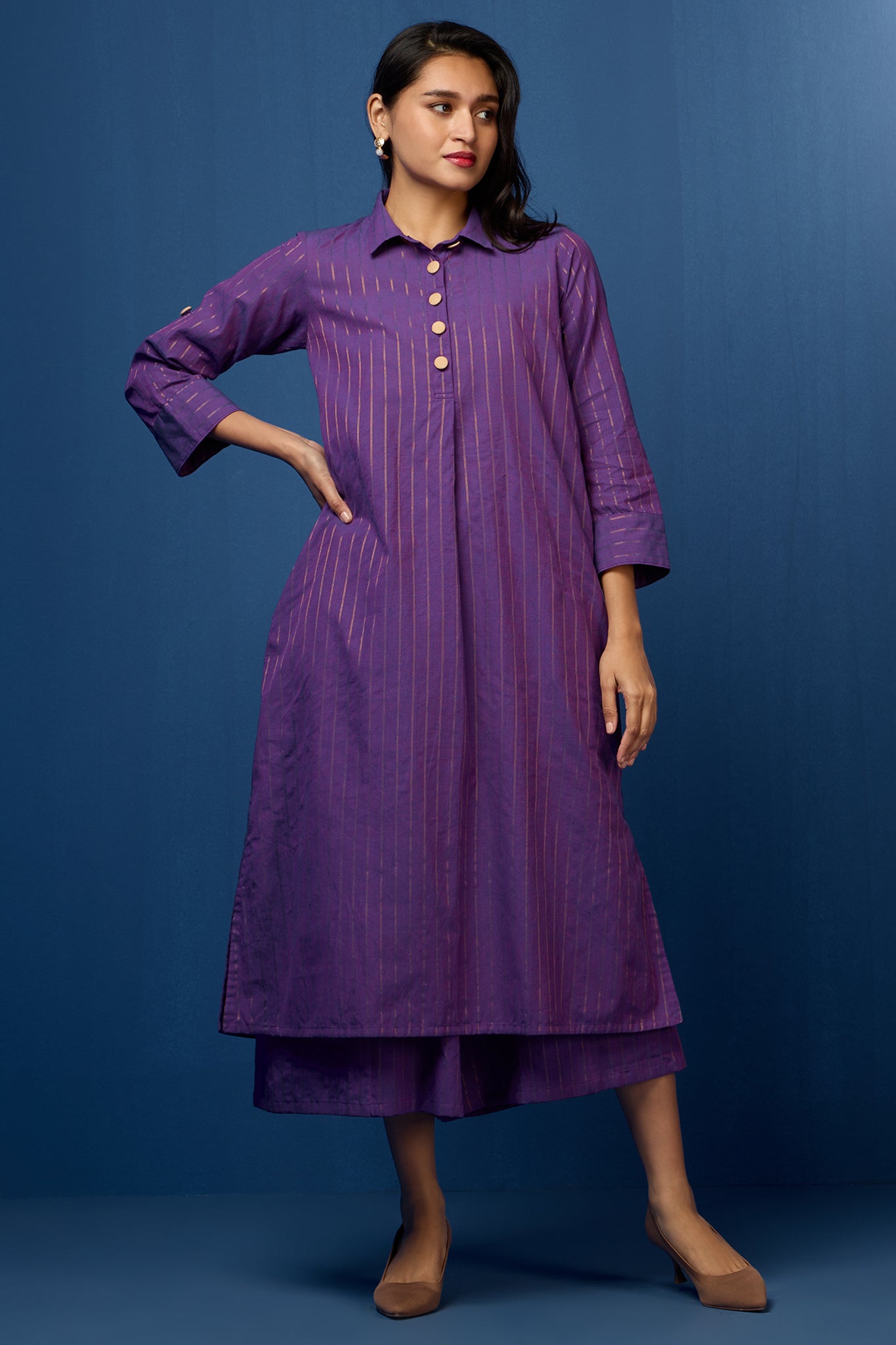 long shirt dress - lustrous amethyst & gold strokes - maati crafts