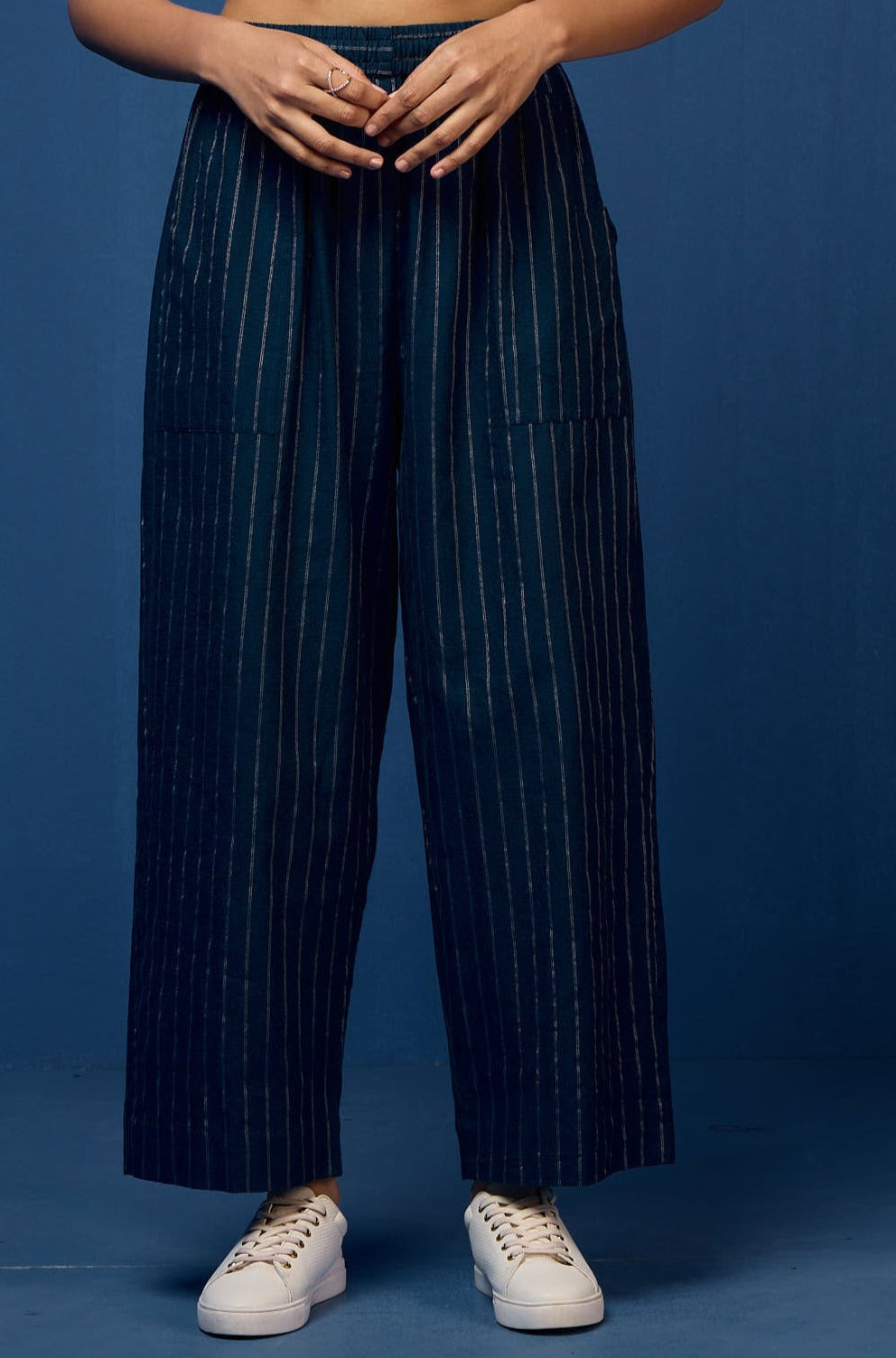 comfort fit pants - indigo zari lines - maati crafts