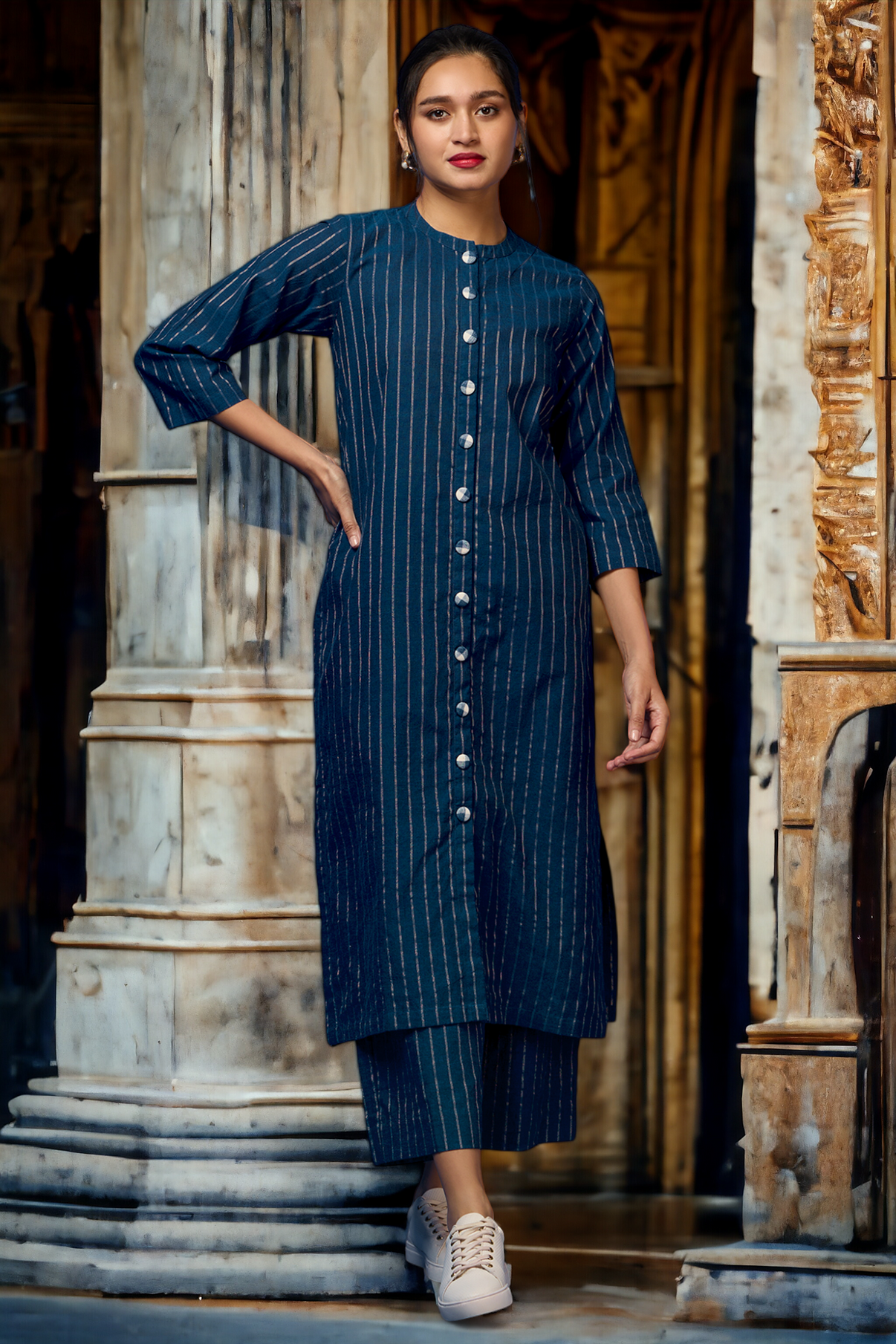 formal button down kurta - indigo nightfall & whimsical gold stripes ...