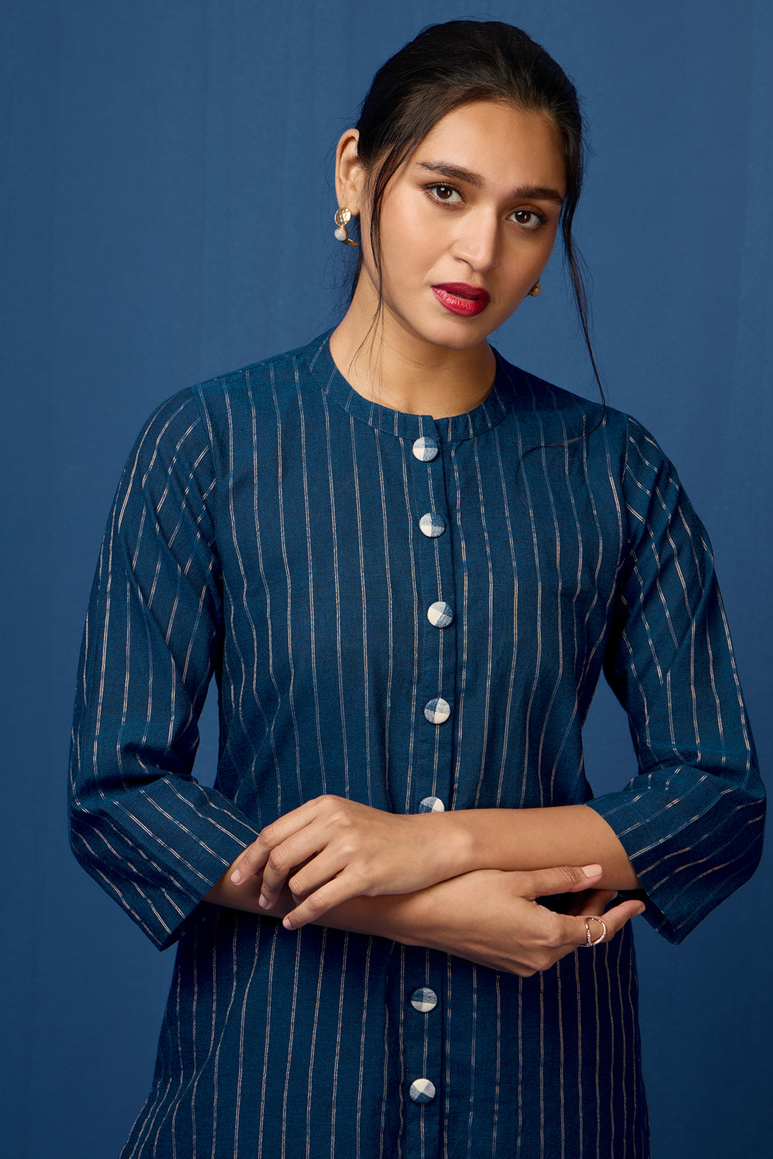 formal button down kurta - indigo nightfall & whimsical gold stripes ...