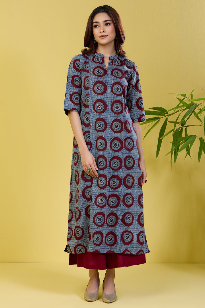 reversible long yoke panel kurta nightfall blue - maati crafts