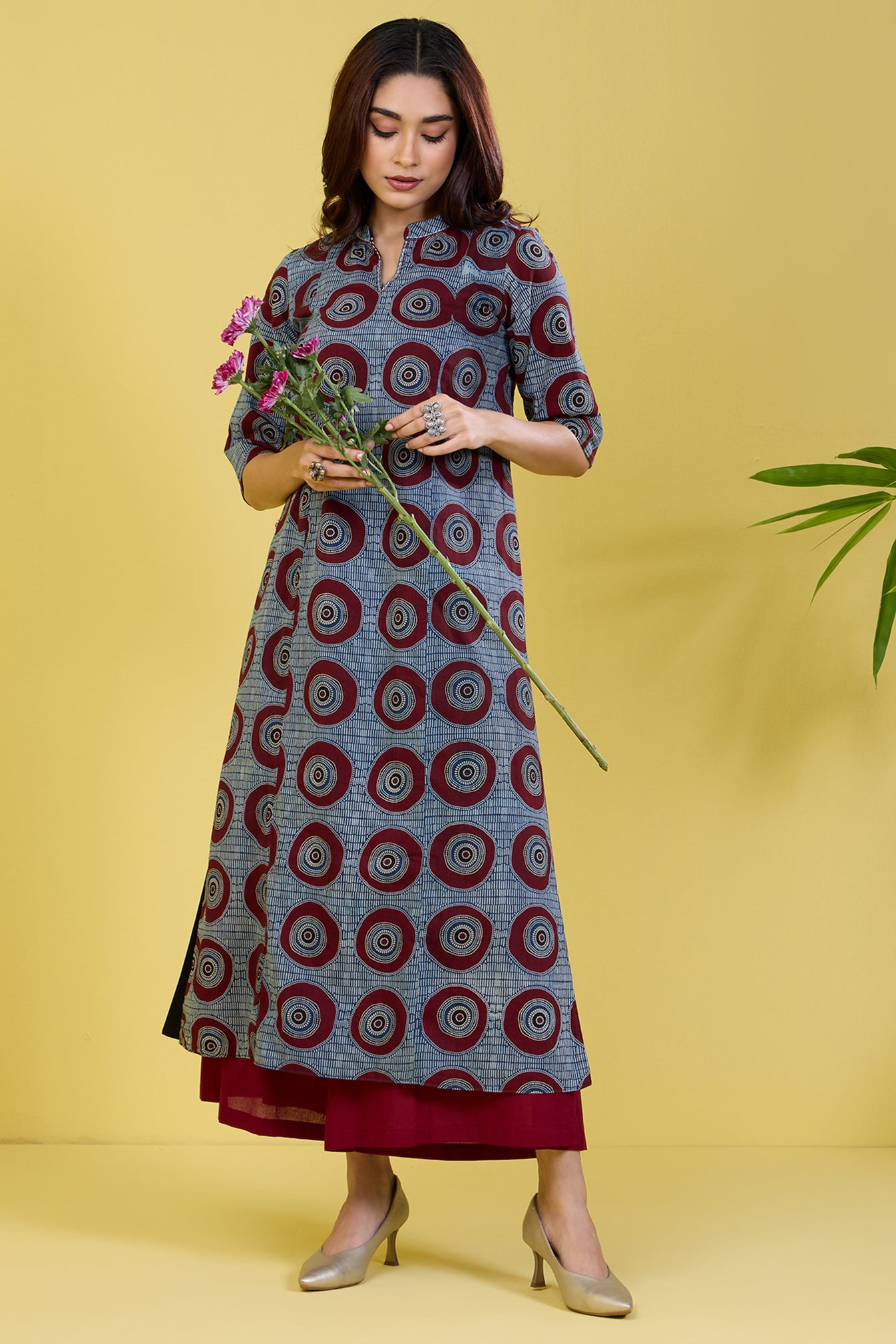 reversible long yoke panel kurta nightfall blue - maati crafts