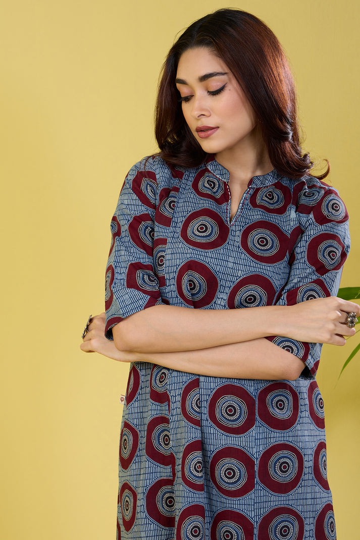 reversible long yoke panel kurta nightfall blue - maati crafts