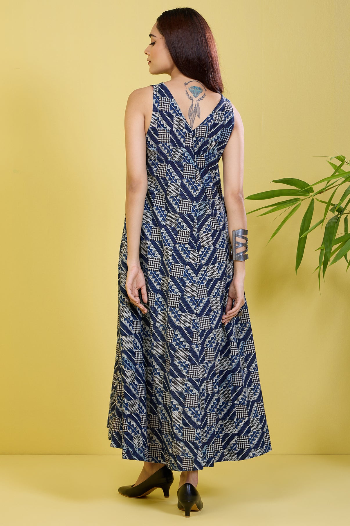 sleeveless strap blue flared dress indigo mosaic - maati crafts