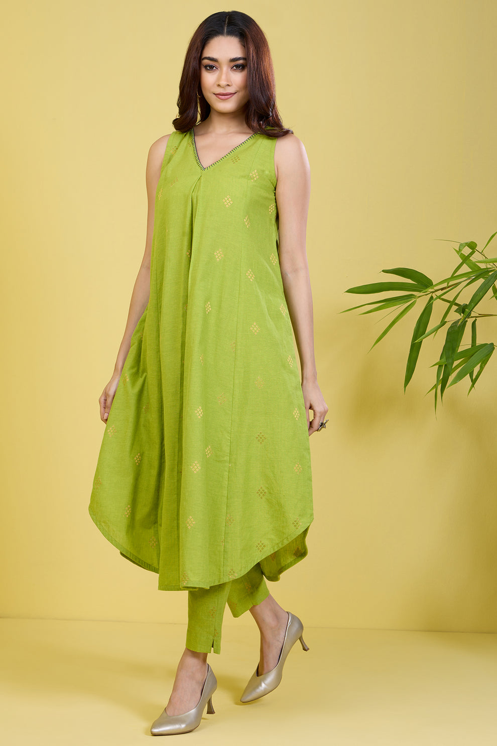sleeveless lime green co-ord set with box pleat gilded citrus - maati ...