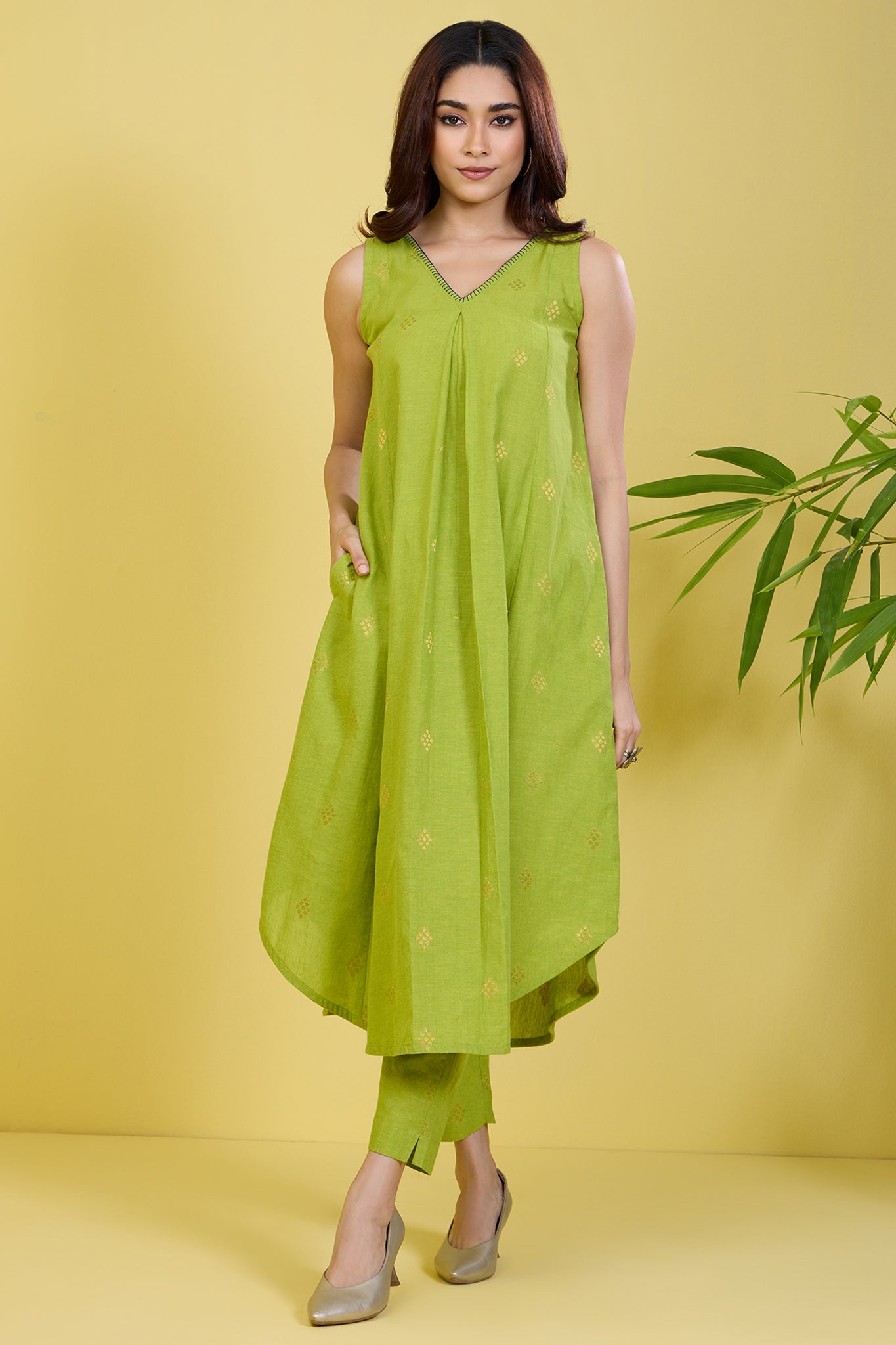 sleeveless lime green co-ord set with box pleat gilded citrus - maati crafts