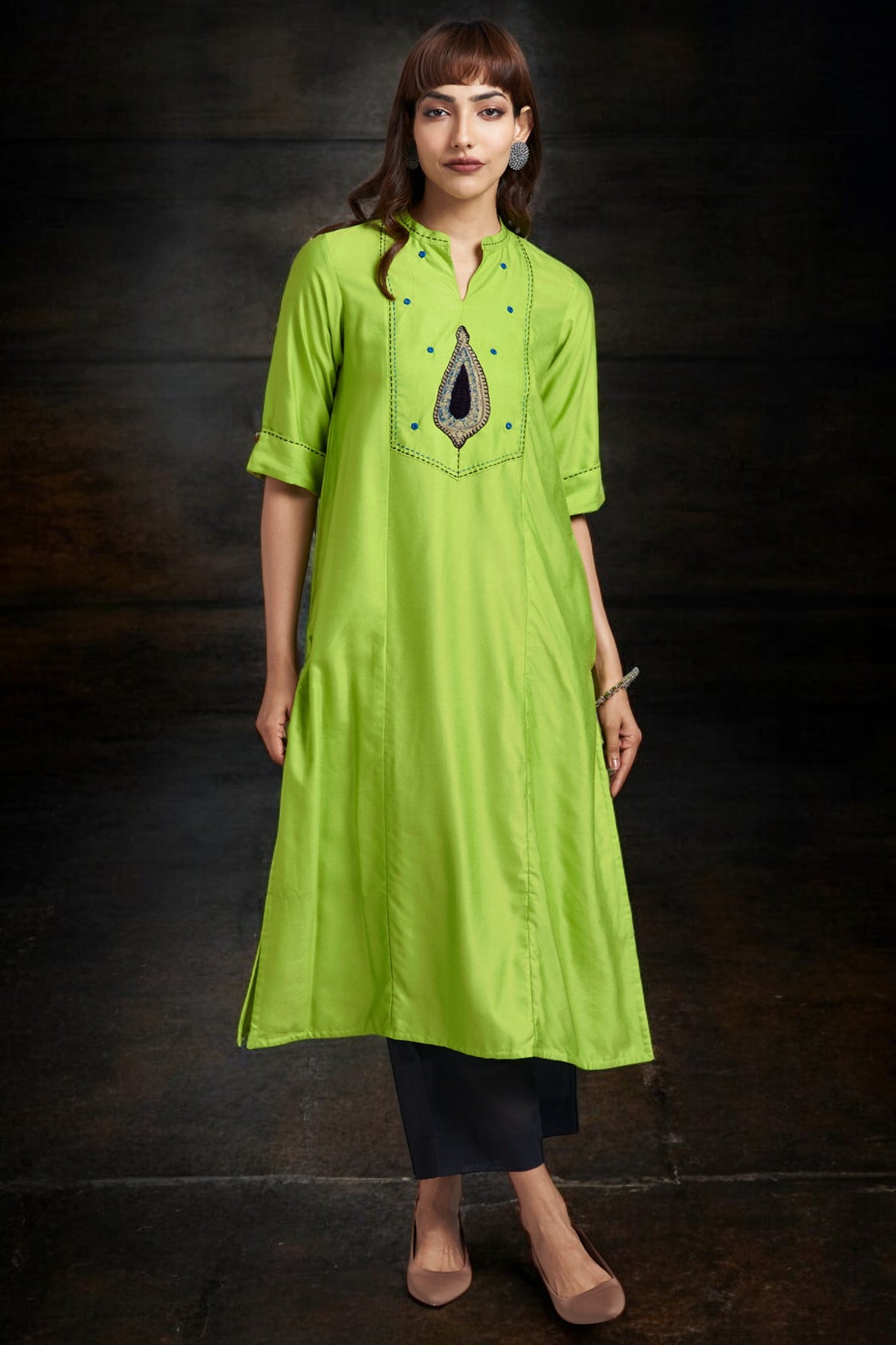 long yoke panel kurta - glistening lime & mughal butta - maati crafts
