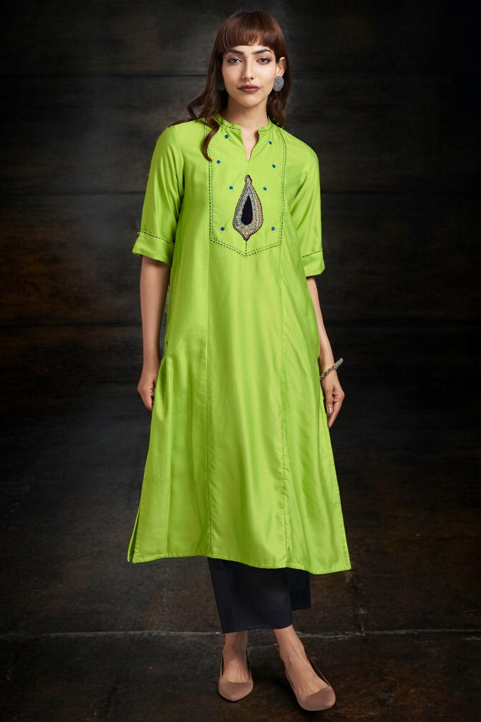 long yoke panel kurta - glistening lime & mughal butta - maati crafts