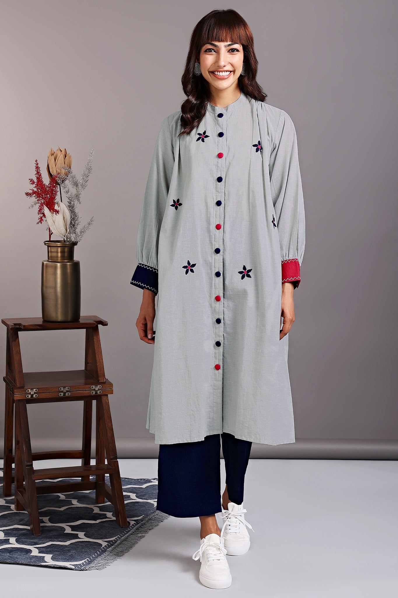 stand collar kurta with round hem - rose vale & iris bouquet - maati crafts