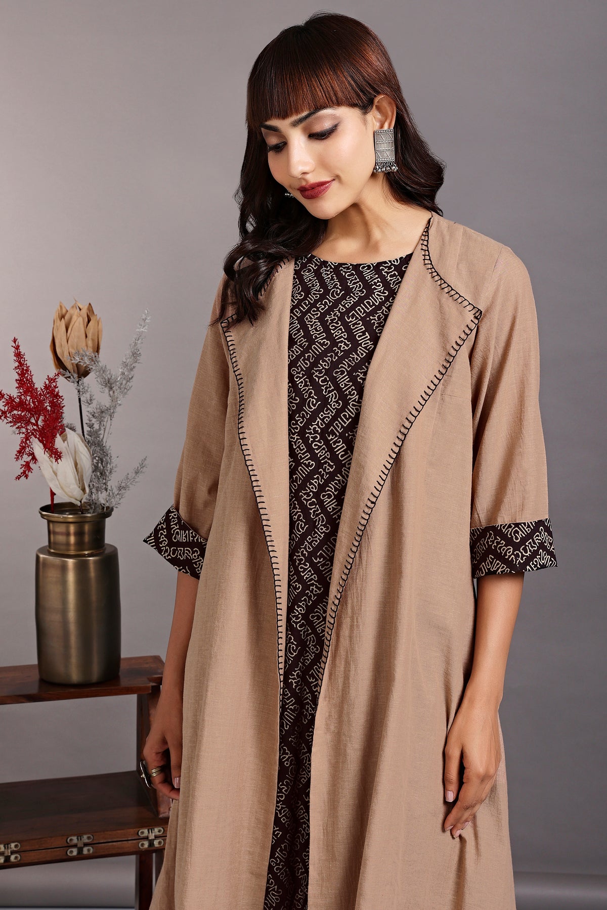 modal kalidar kurta with dori - peach bellini & cinder rose - maati crafts