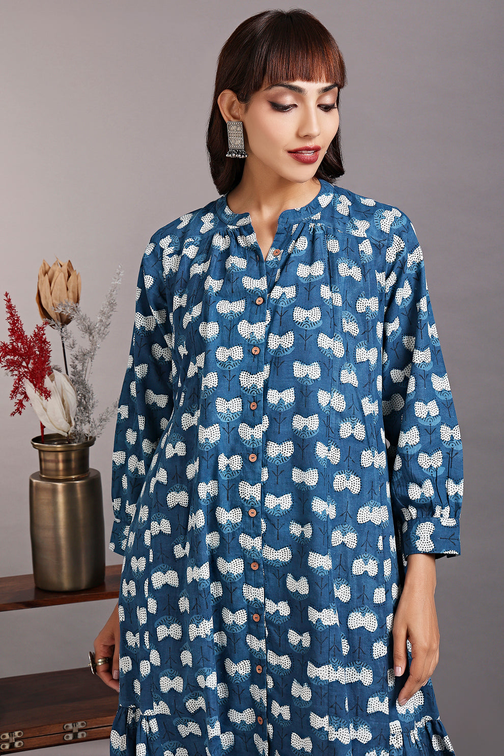 midi dress with side ruffles - florentine blue & white chrysanthemum ...