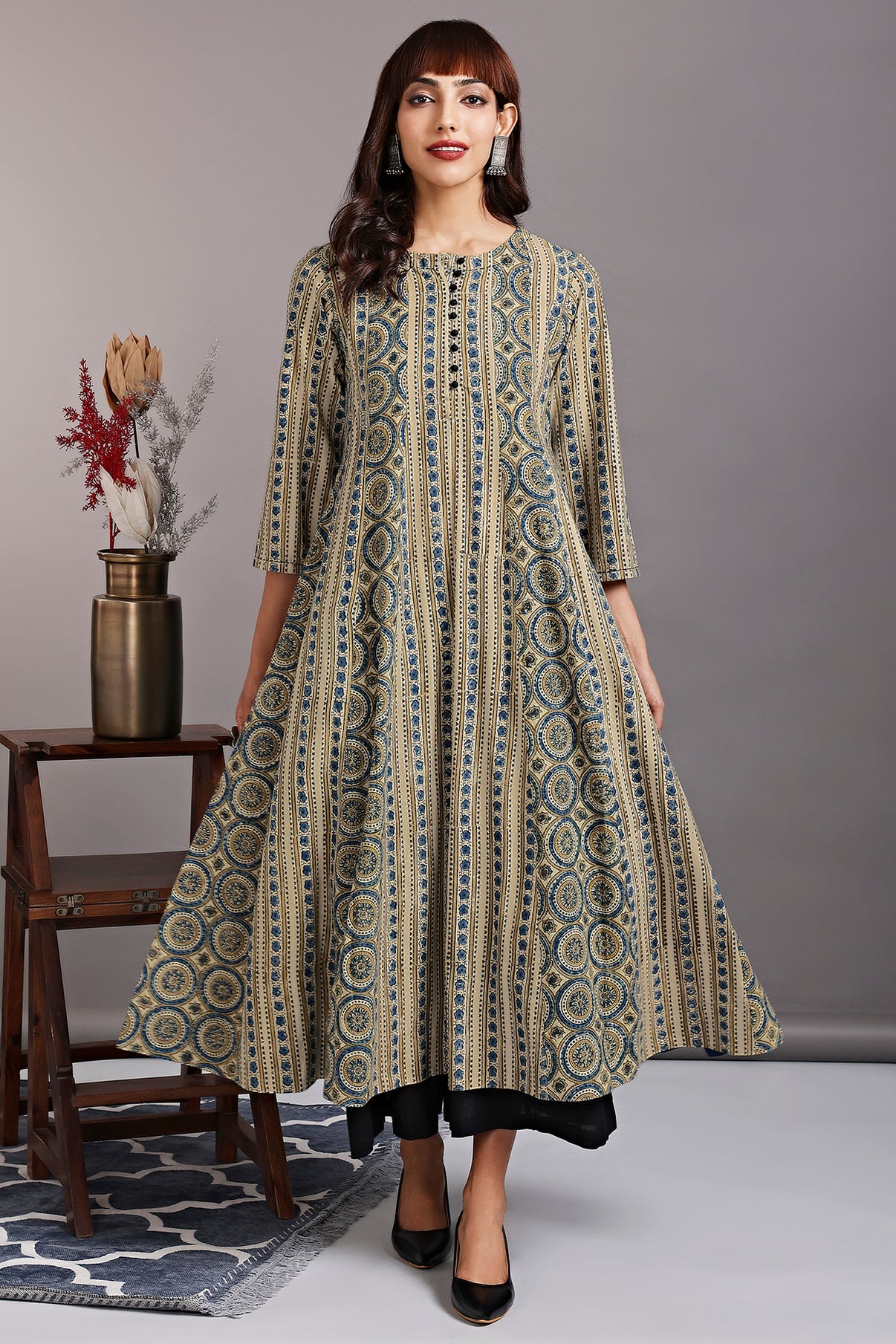 multi panel anarkali - concord ivory & indigo mandala - maati crafts