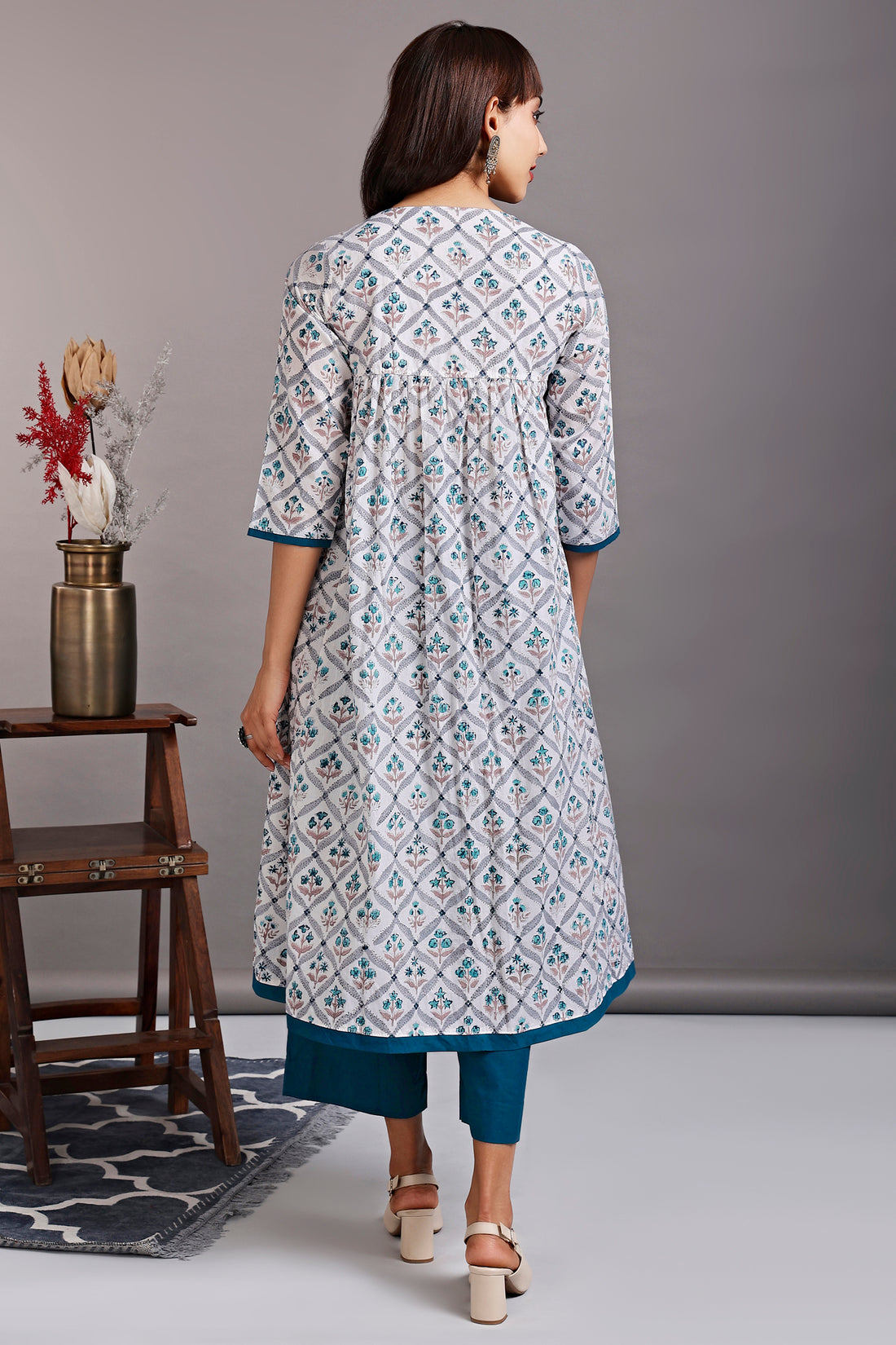 v-neck gather dress - rivulet teal & alluring mughal garden - maati crafts