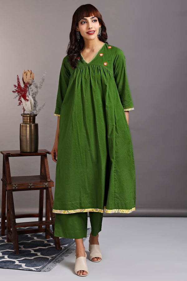 v-neck gather anarkali - basque green & orange sun - maati crafts