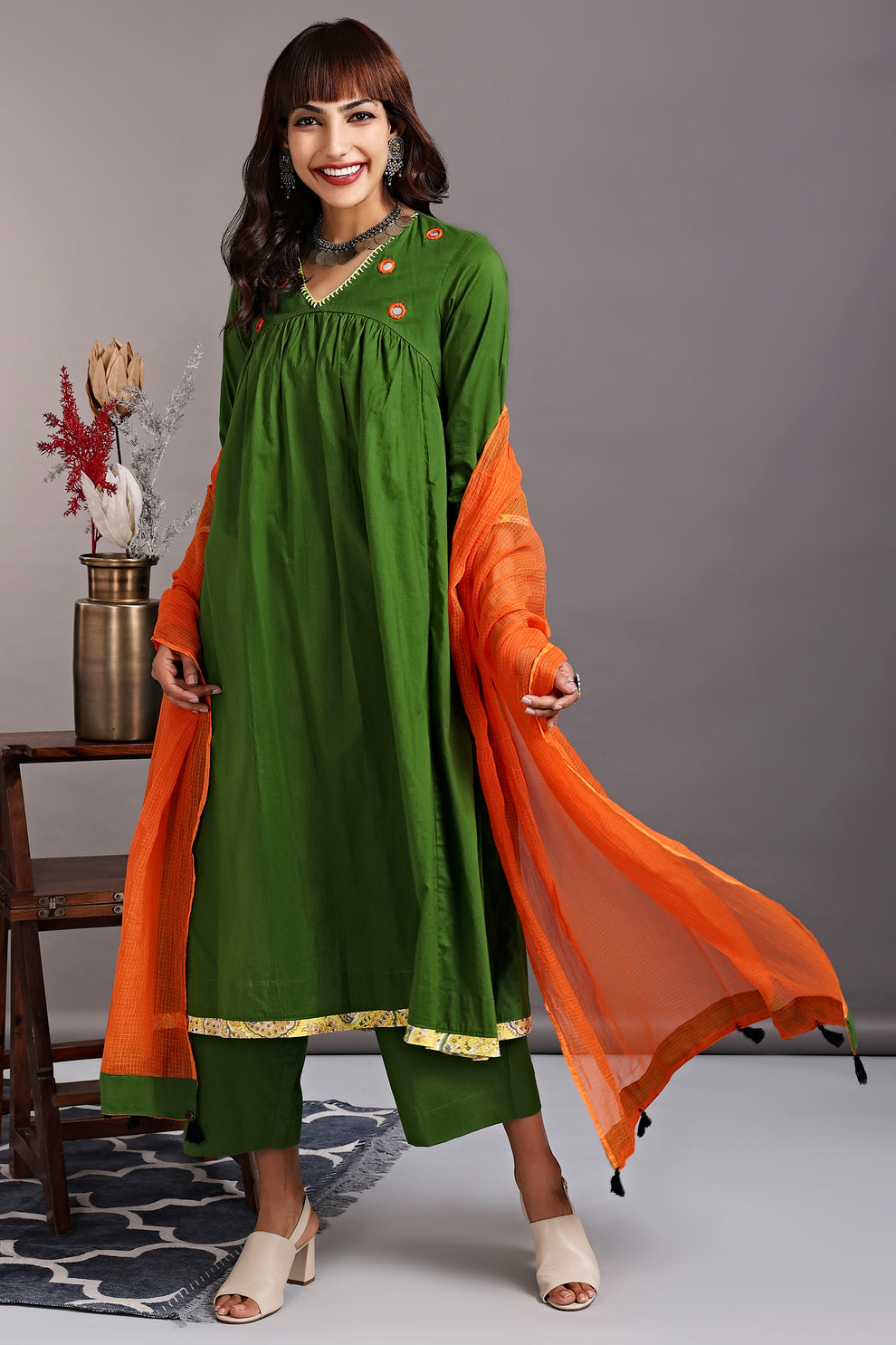 v-neck gather anarkali - basque green & orange sun - maati crafts