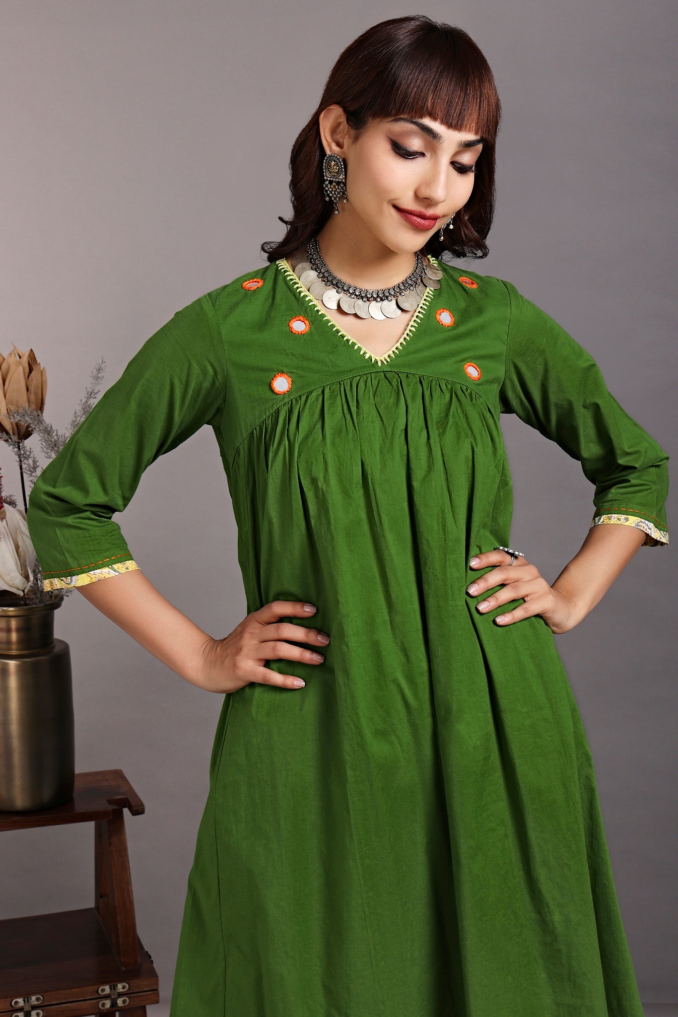 v-neck gather anarkali - basque green & orange sun - maati crafts