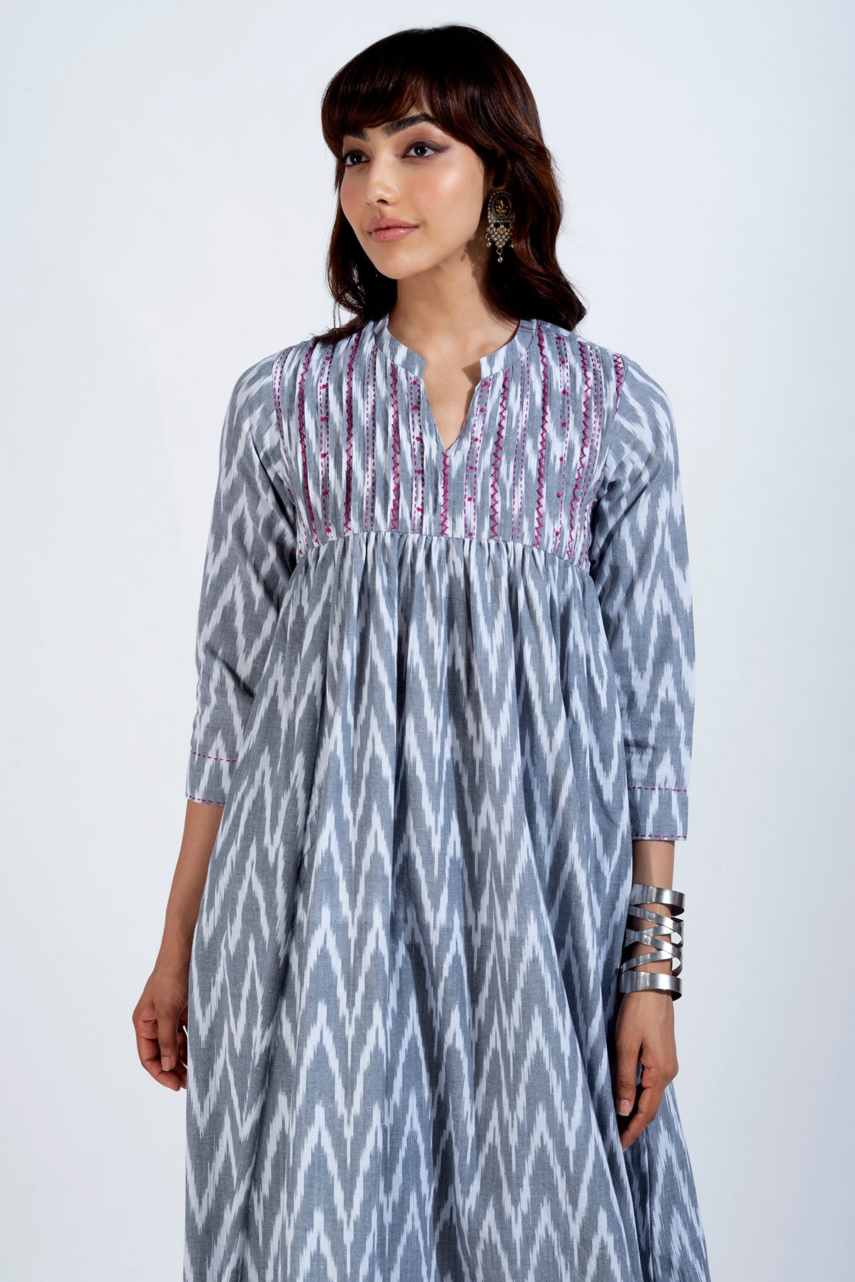 pintuck high bust anarkali - ashen snow & ethereal chevron - maati crafts