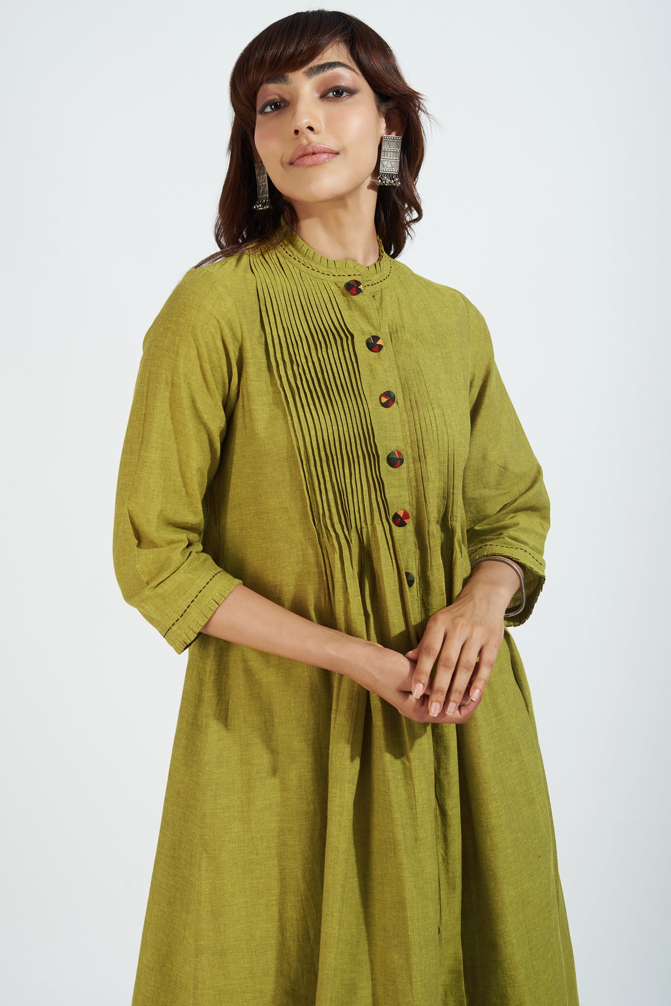 pleated neck pintuck dress - lime zest & chartreuse summer - maati crafts