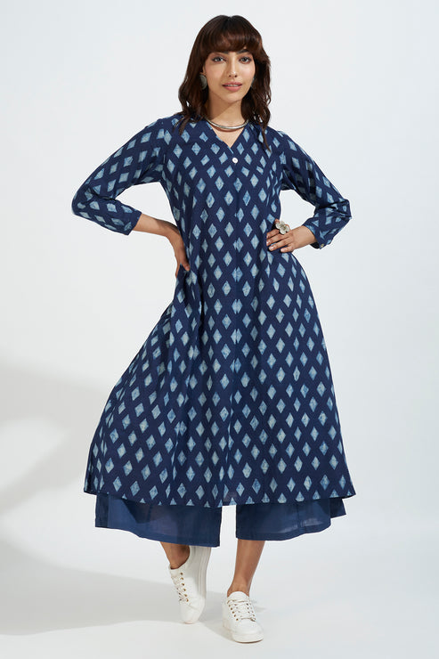 single box pleat v-neck kurta - enchanting indigo & symmetry charm ...