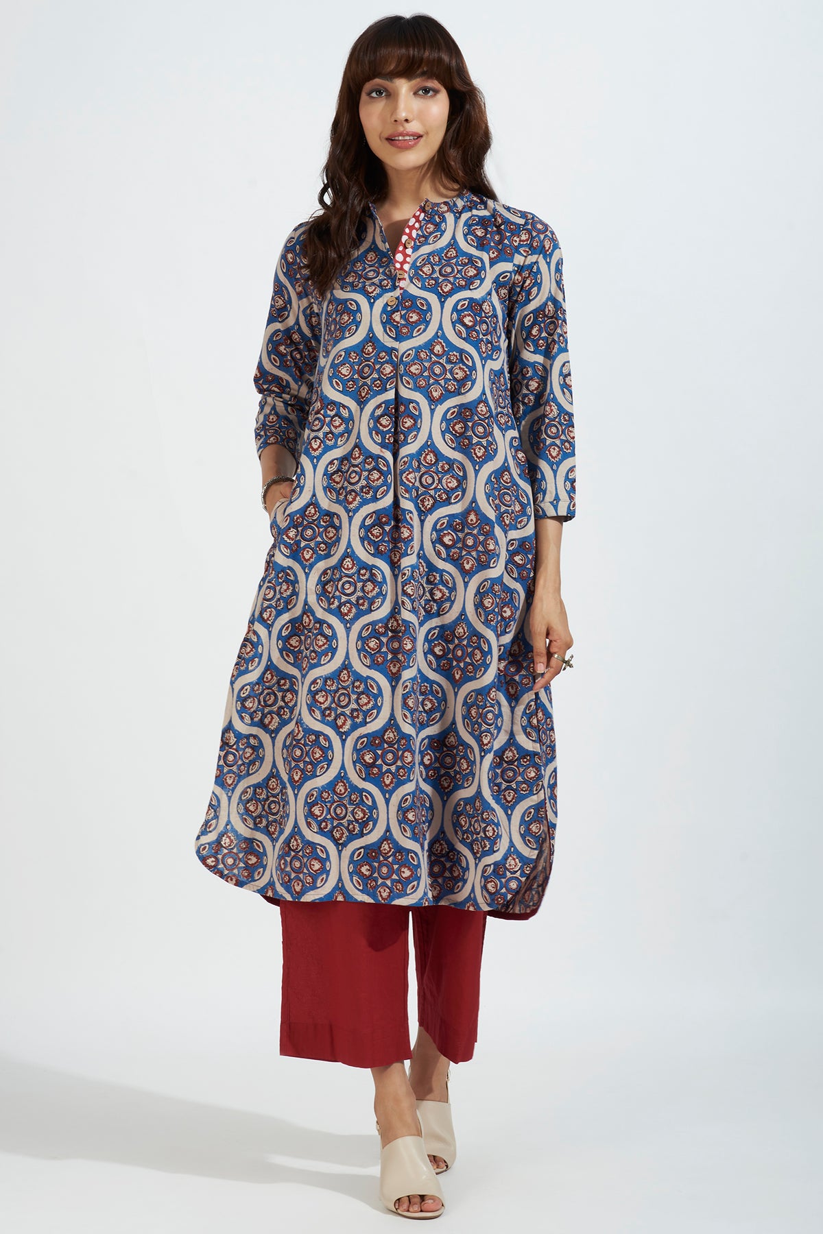long yoke panel kurta - rose quartz & azure blooms - maati crafts