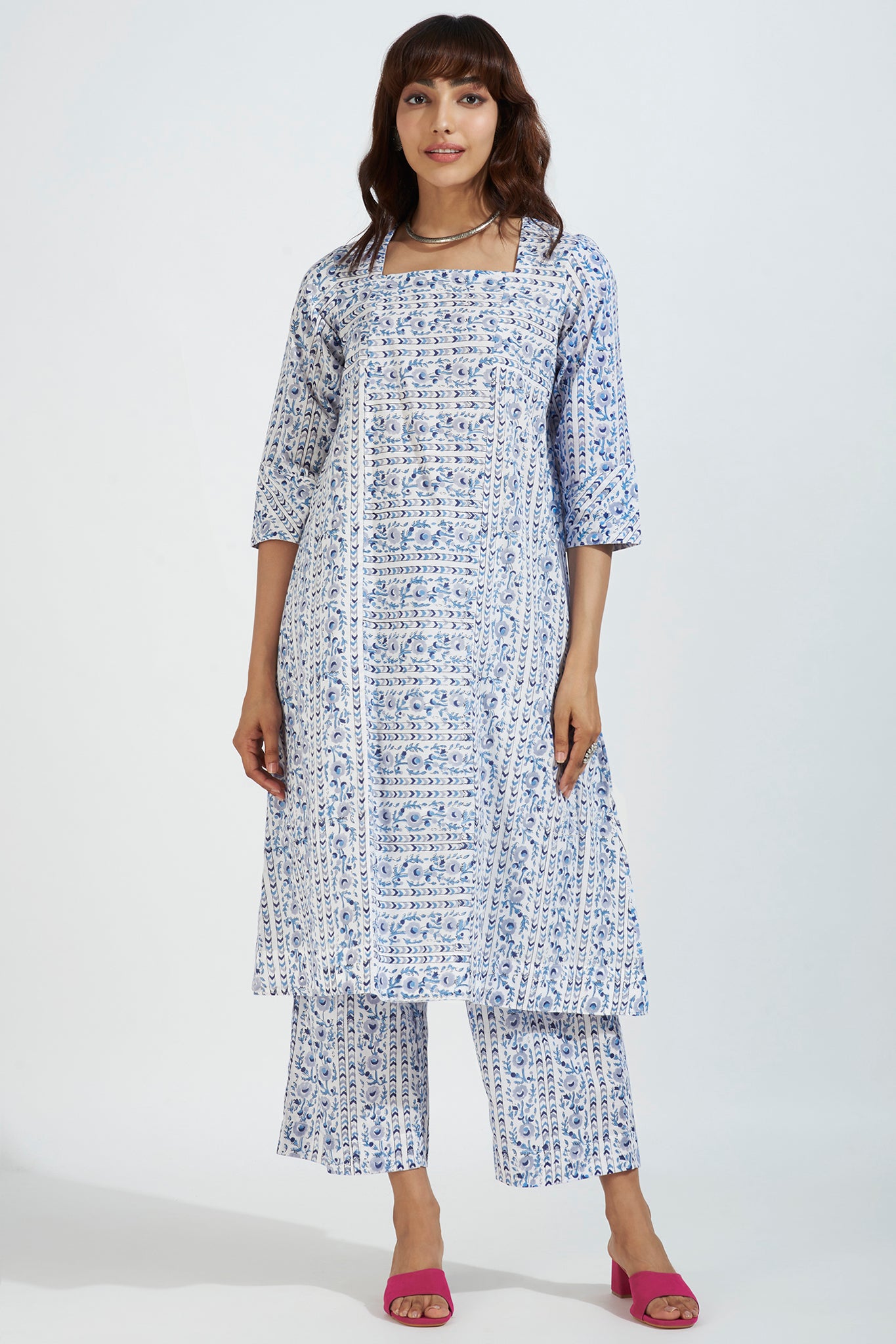square neck paneled kurta - whispering skyline & azure bloom - maati crafts