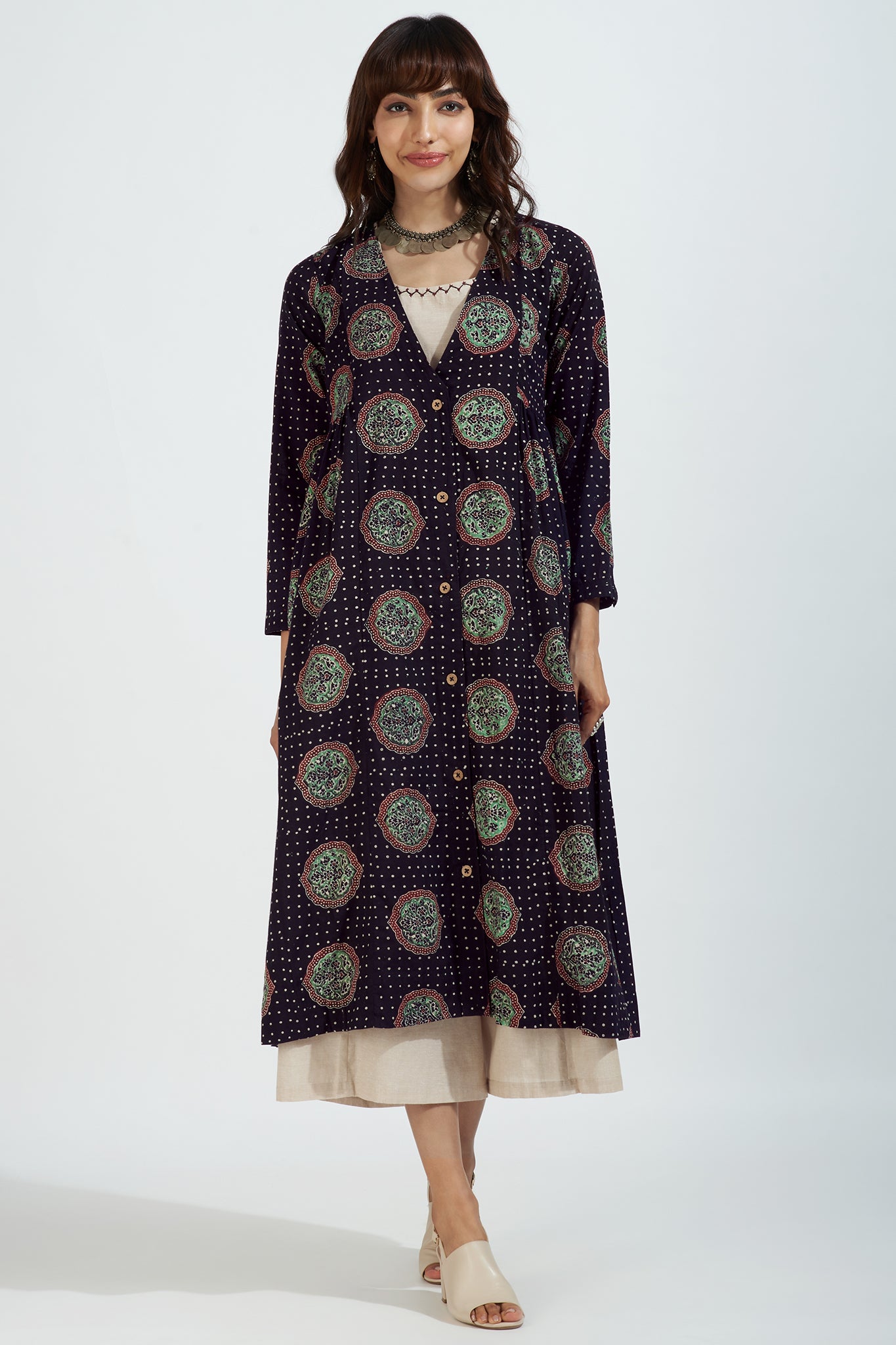 deep v-neck button down jacket with gathers - verdant noir & vintage c - maati crafts