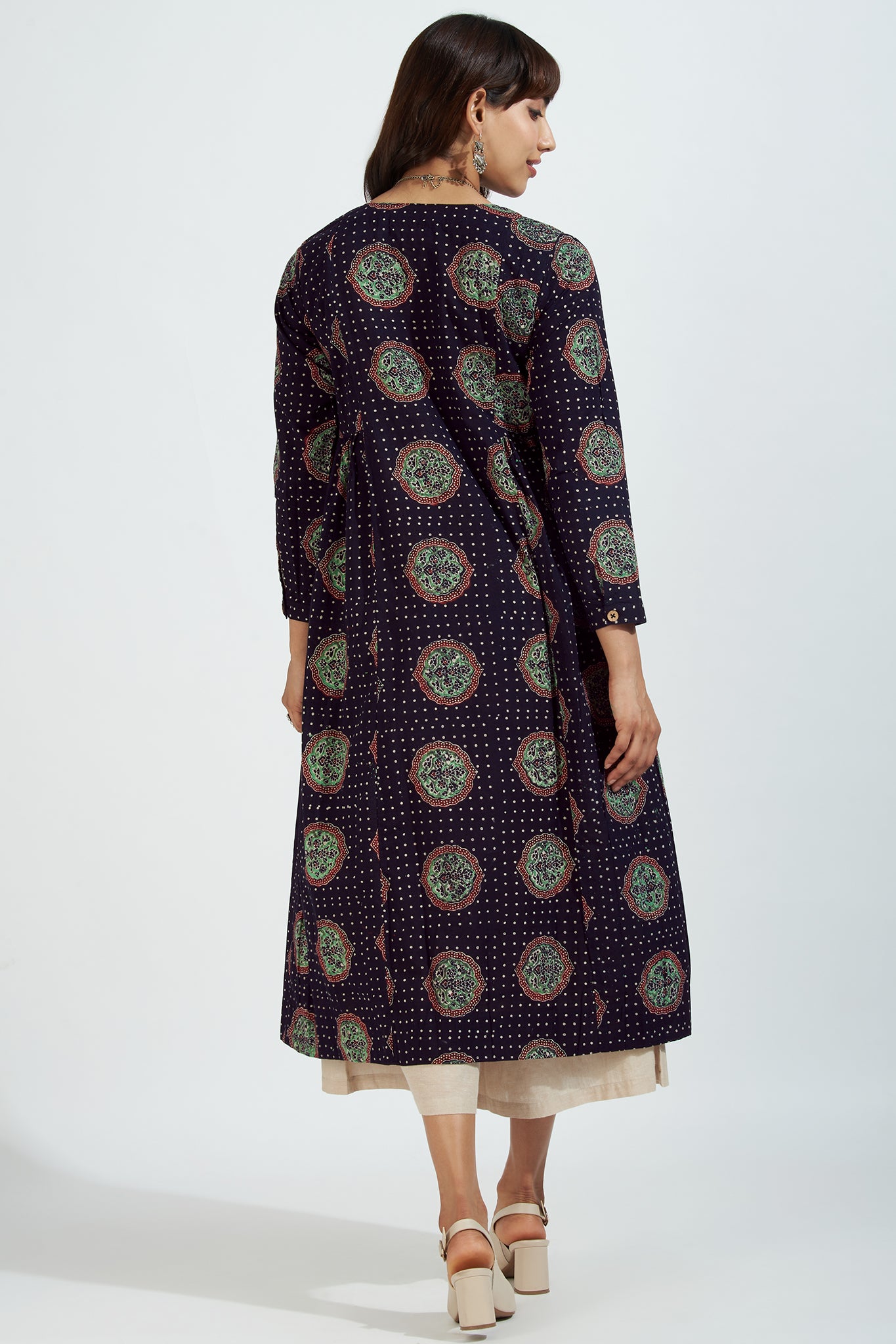 deep v-neck button down jacket with gathers - verdant noir & vintage c - maati crafts