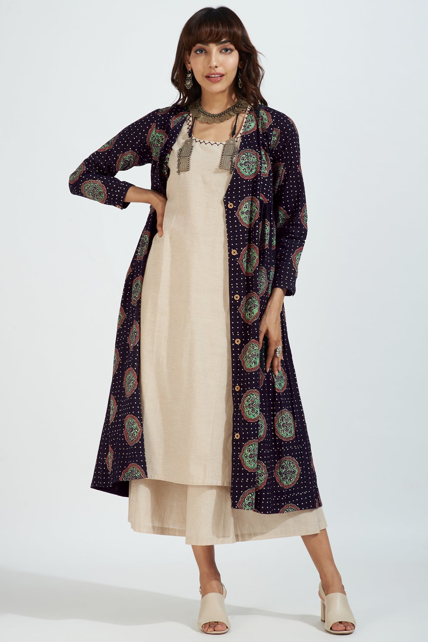 deep v-neck button down jacket with gathers - verdant noir & vintage c - maati crafts