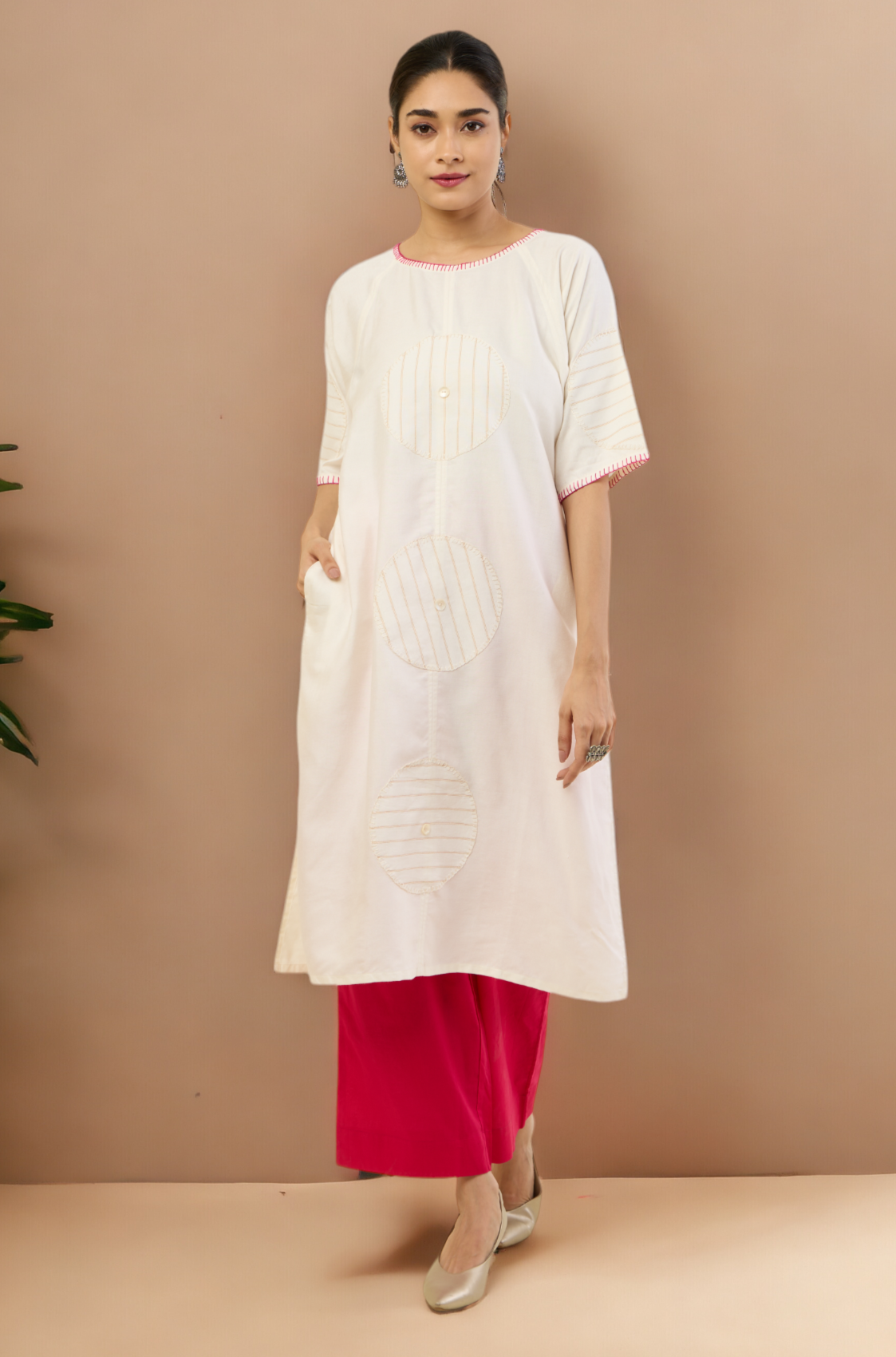 raglan sleeve silk tunic kurta with pockets - ivory mirage & golden ha ...