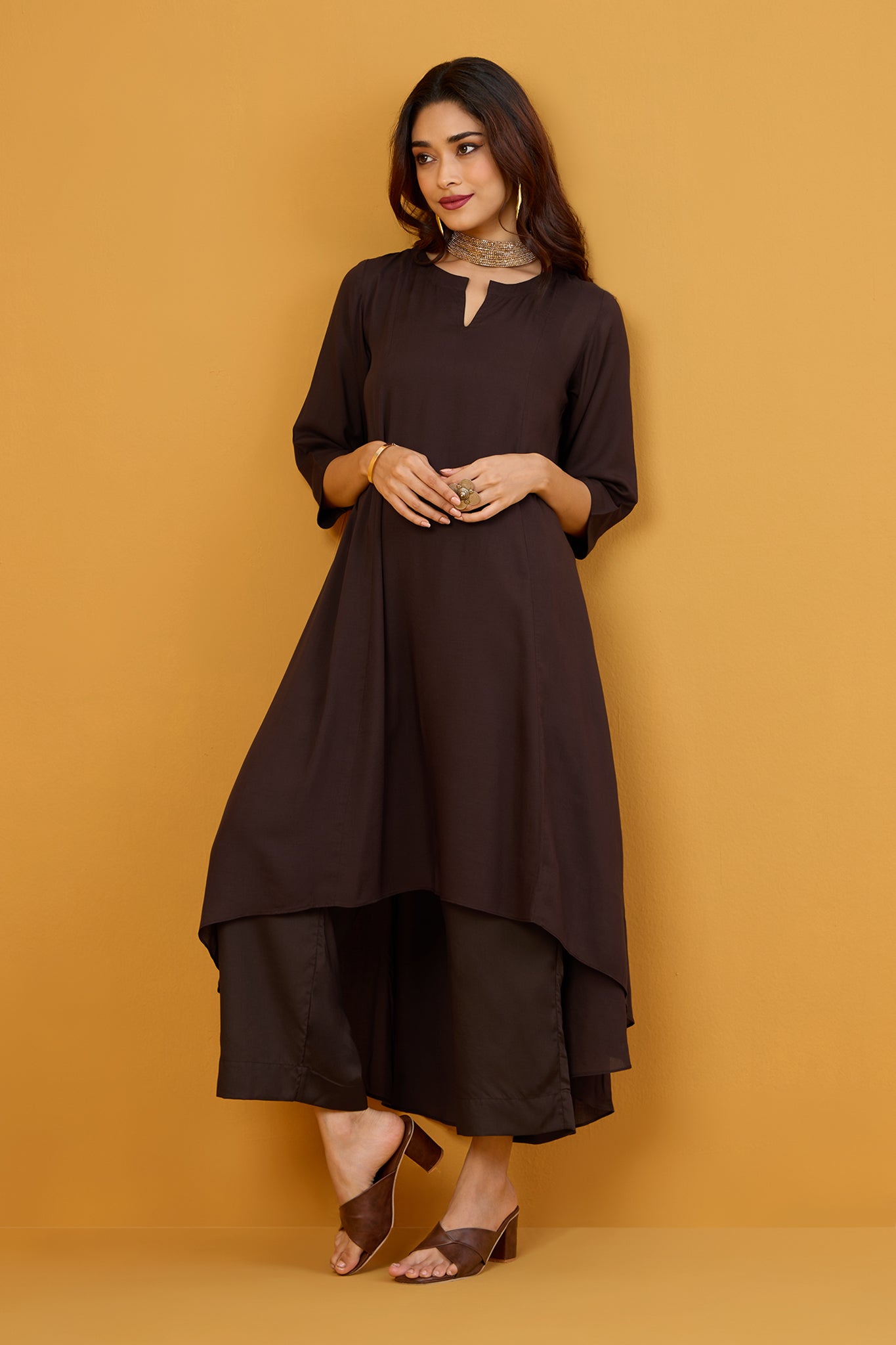 Deep Mocha Asymmetrical Kurta - maati crafts