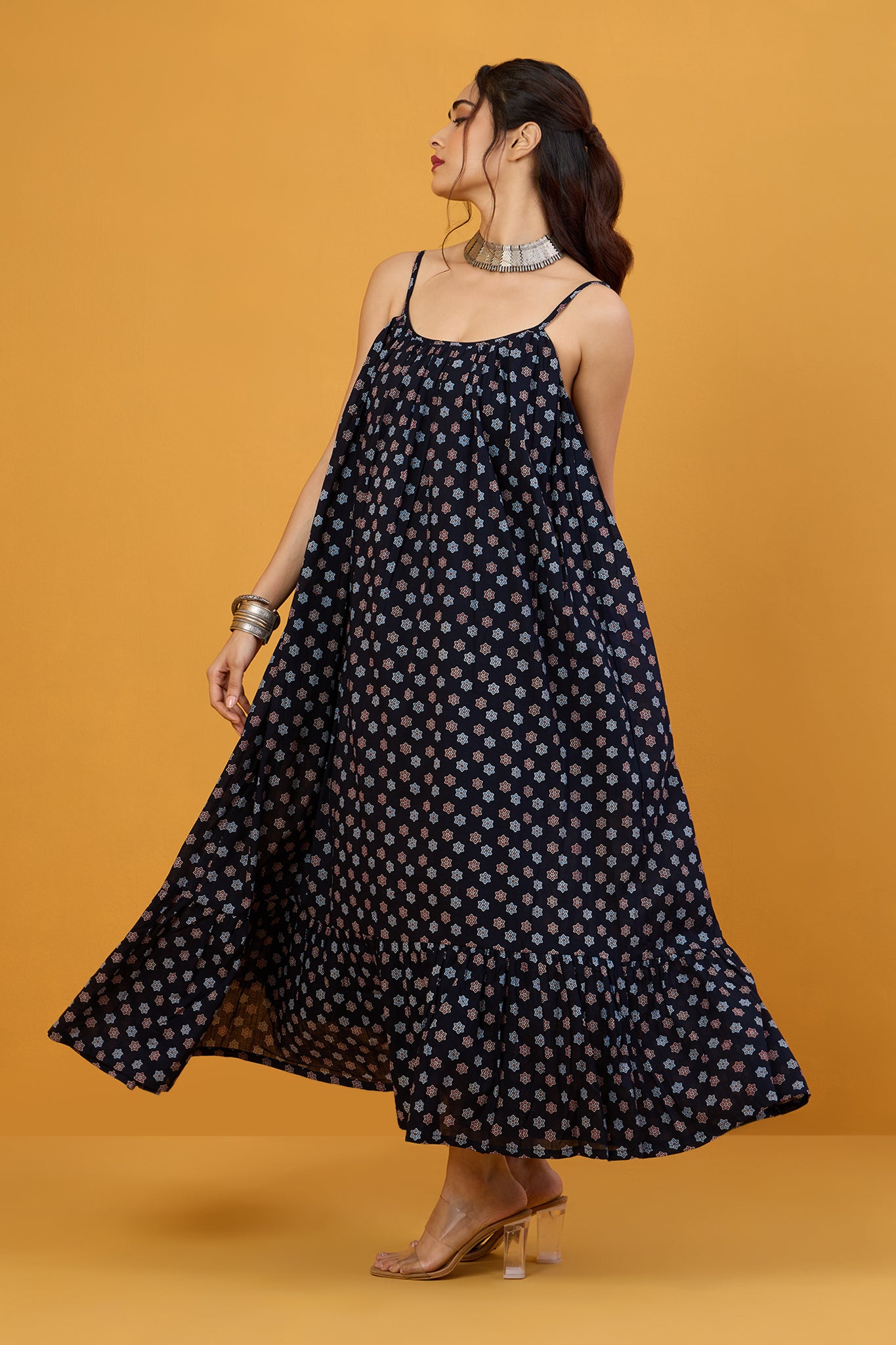 Monochrome Petals Long Ruffle Strap Dress - maati crafts