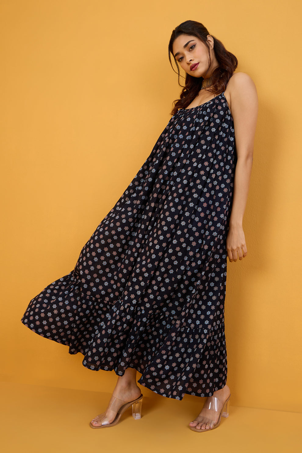 Monochrome Petals Long Ruffle Strap Dress - maati crafts