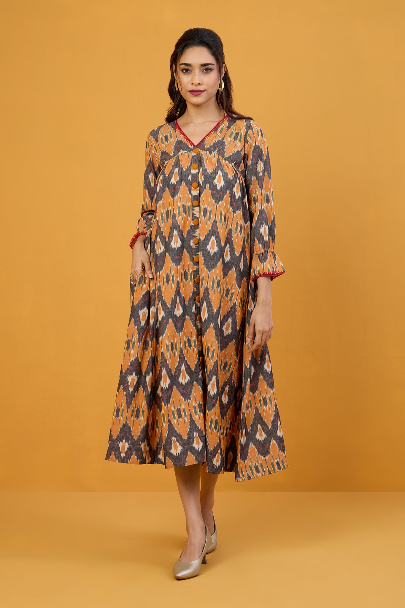 Smoky Mustard Elegance V-Neck Gather Dress with Crochet Details - maati ...