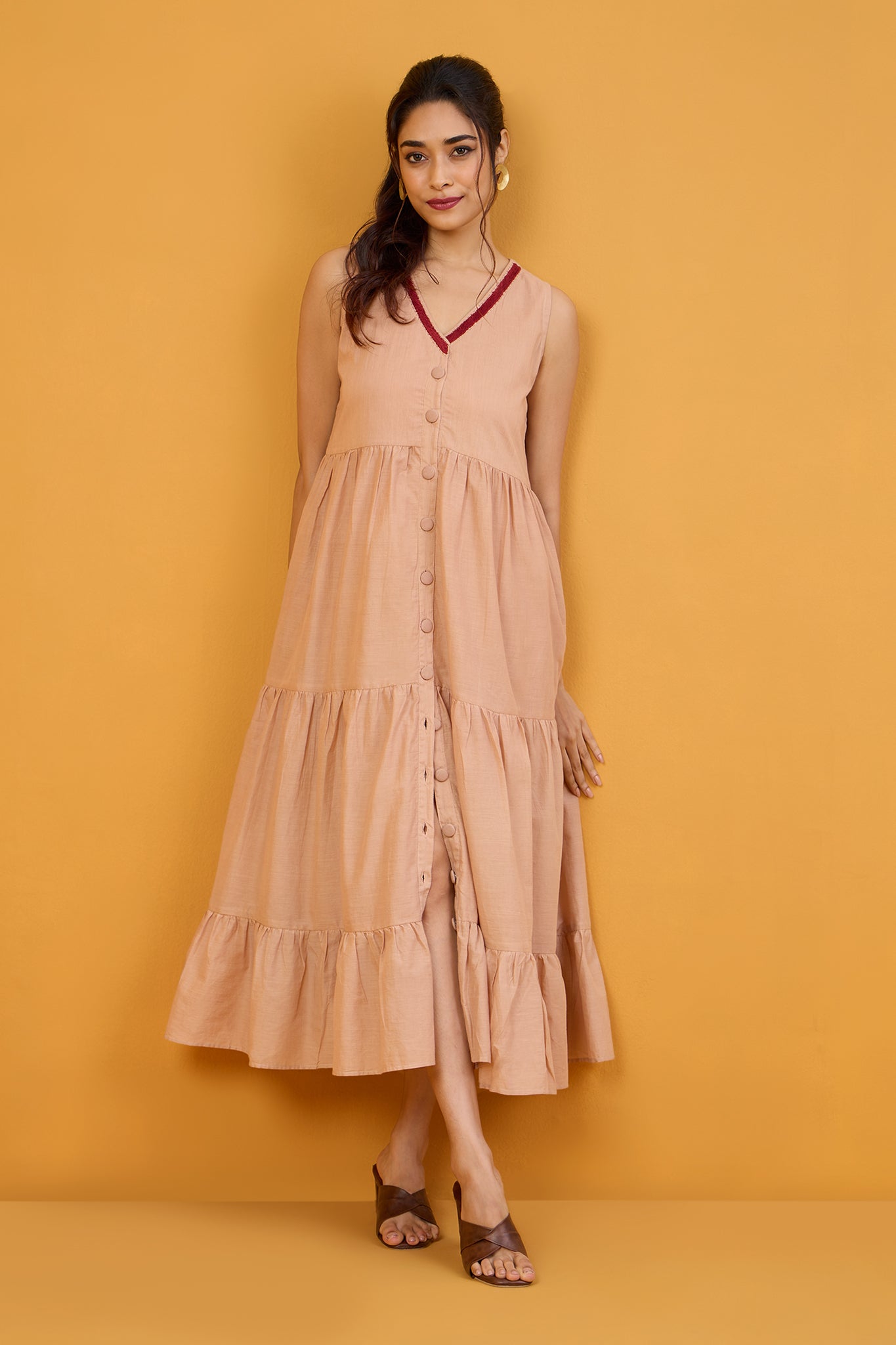 Serene Sandstone Sleeveless Ruffle Long Dress - maati crafts