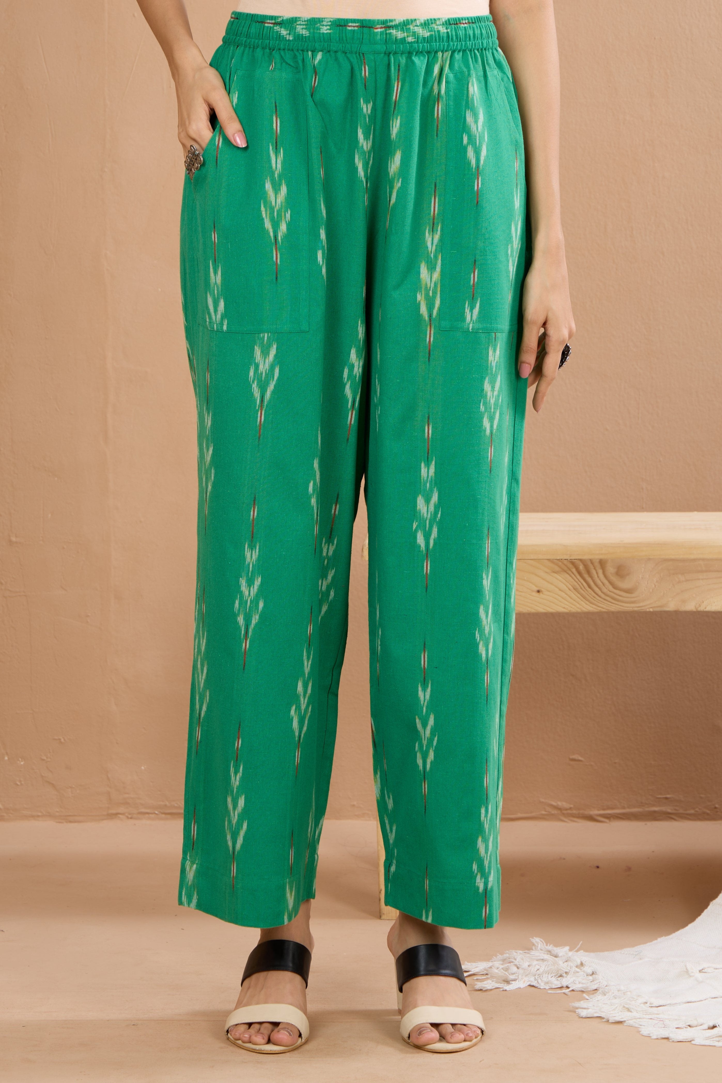 Comfort fit cotton pants - green ikat pants - maati crafts