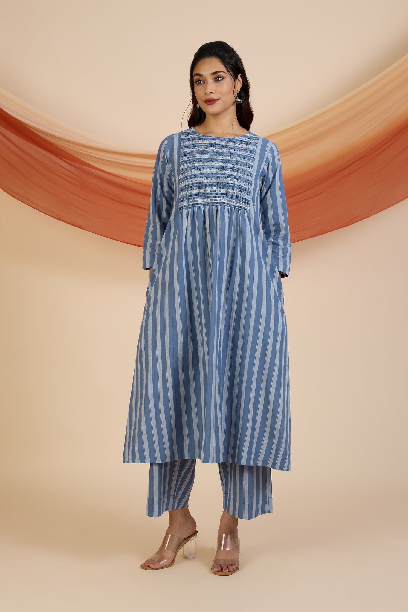 Co-ord Set Stormlight Stripes Smocked Yoke Kurta & Pants - maati crafts