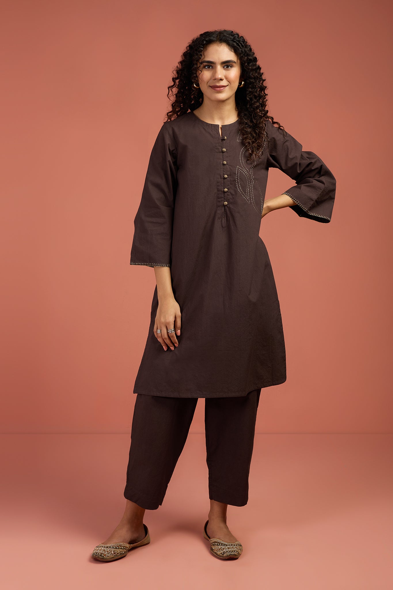 Coord Set Kurta With Wide Sleeves And Pants In Mocha Brown Cotton by Maati Crafts - maati crafts