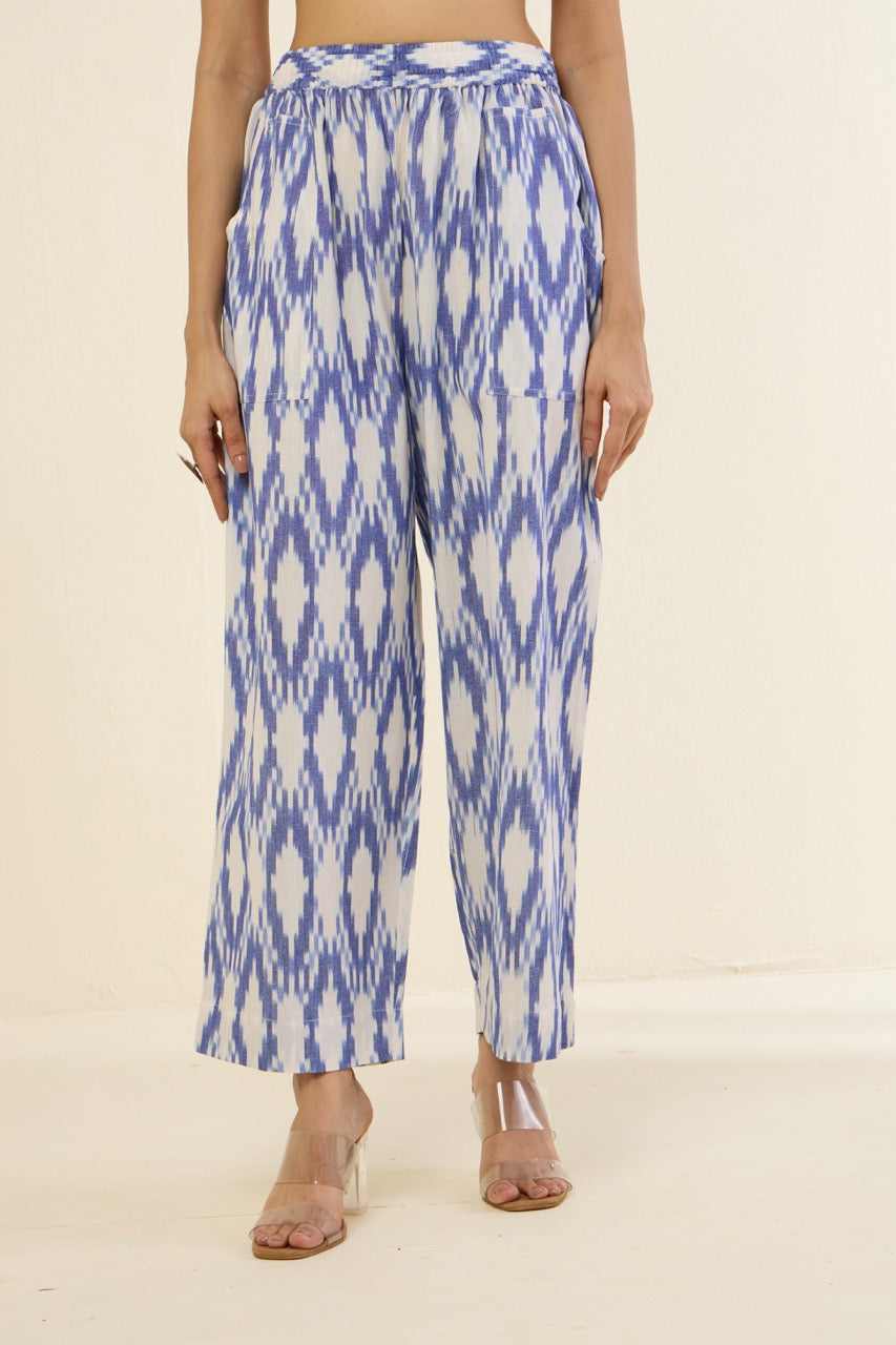 comfort fit pants - blue ikat ocean breeze - maati crafts