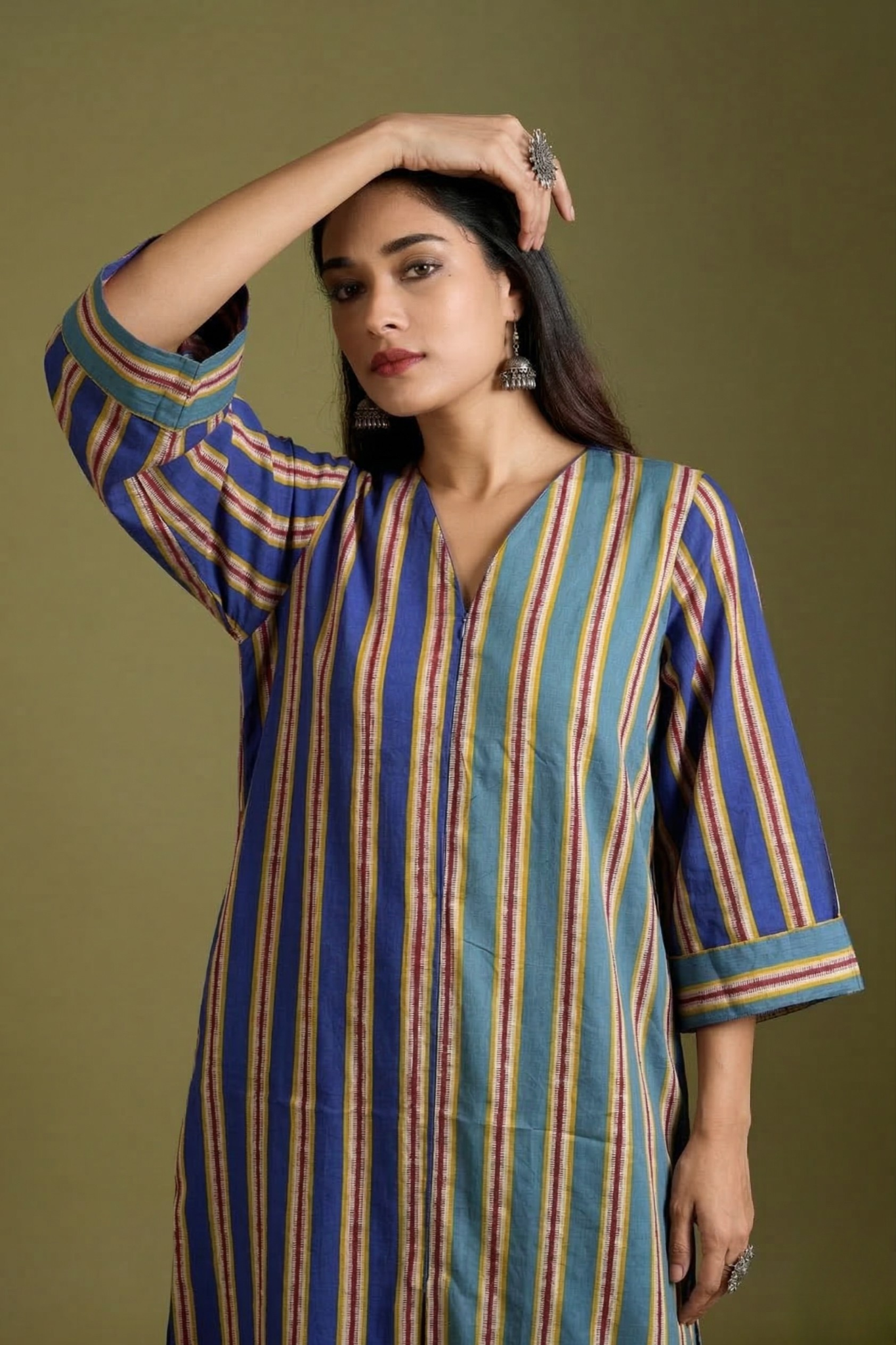 Twin Shaded Bands Teal Blue Front Zipper A-line Cotton Kurta - maati crafts